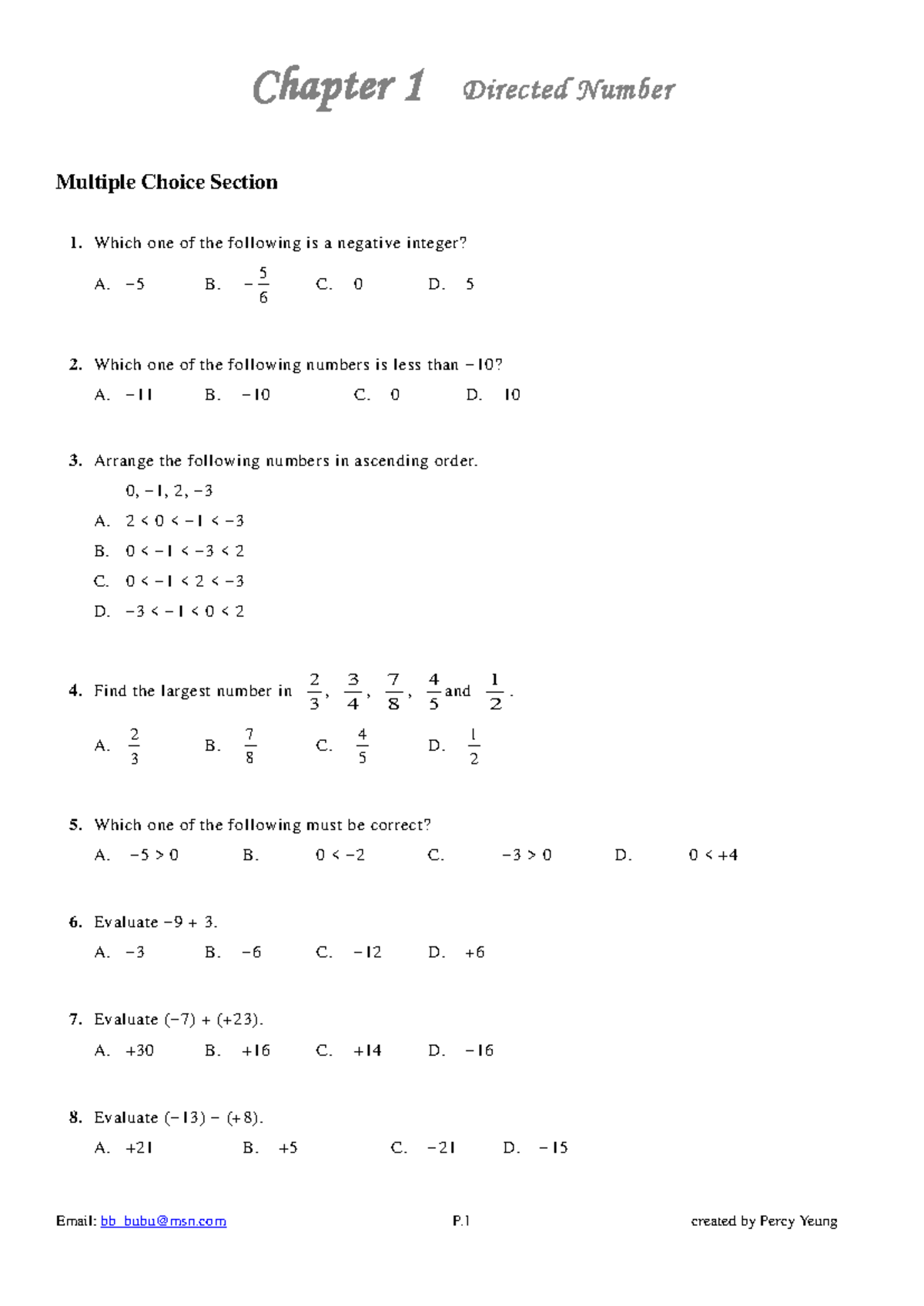 S1 Ch1 Directed Number Q - Chapter 1 Directed Number Multiple Choice ...