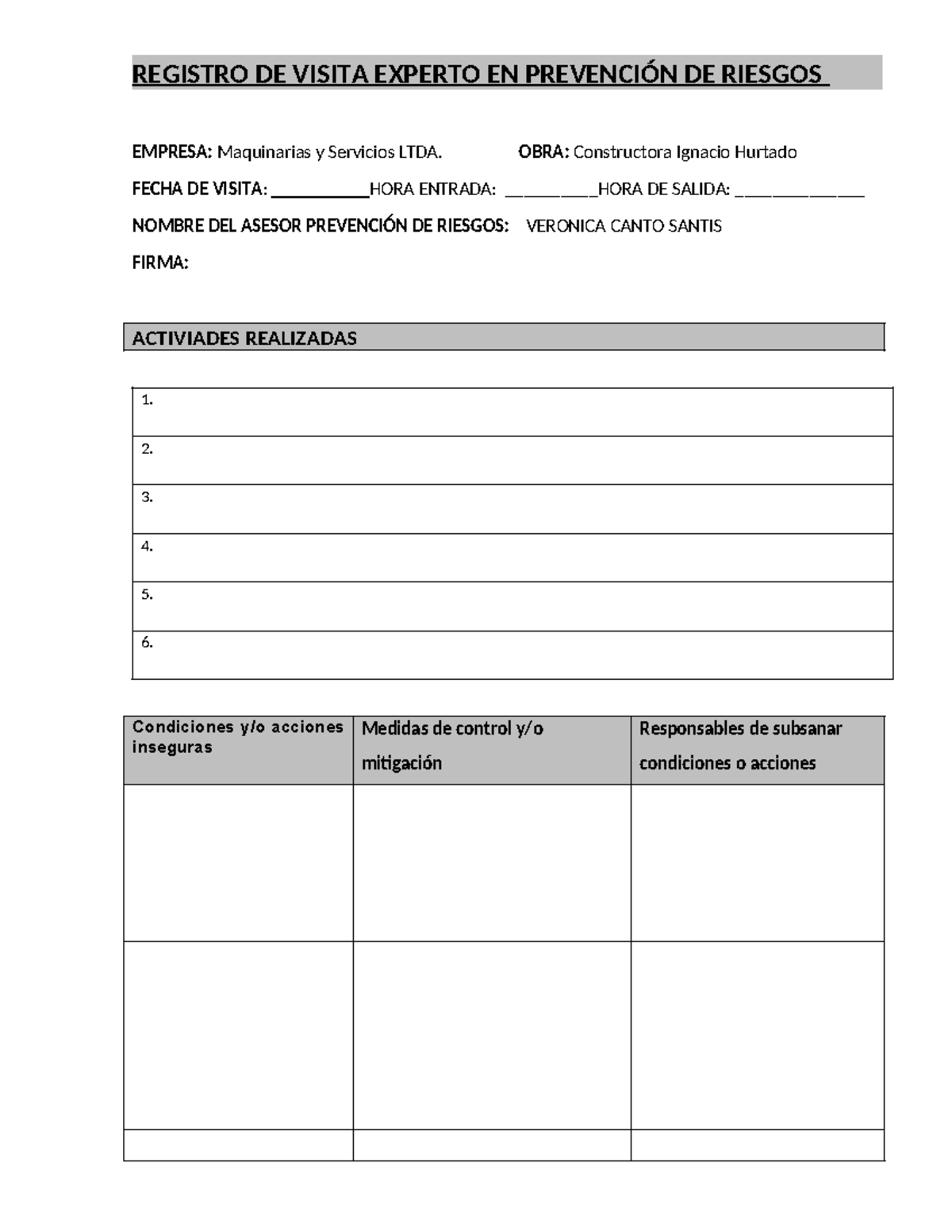 Registro DE Visita Experto EN Prevención DE Riesgos - REGISTRO DE ...