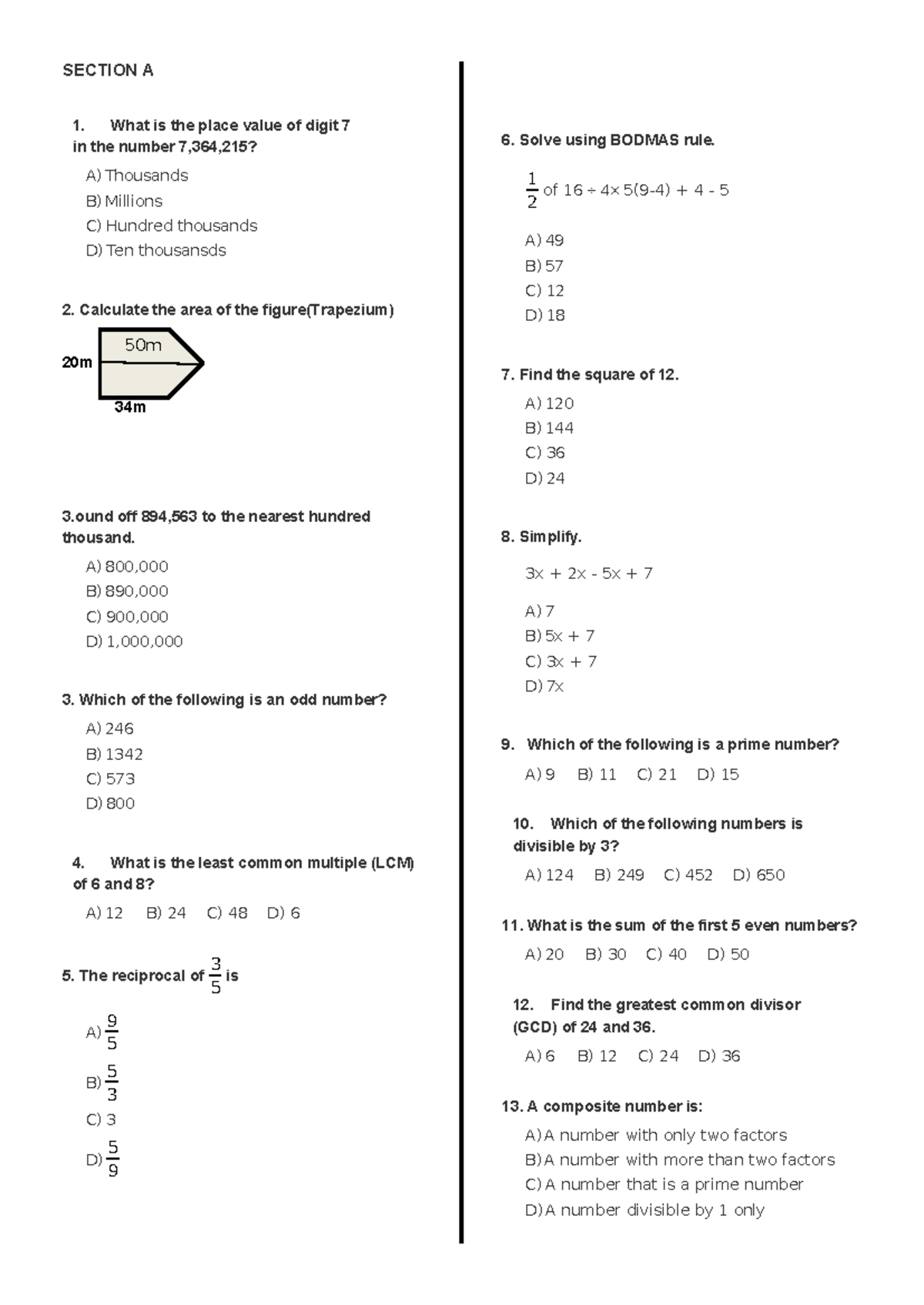 Math Quiz Questions - Section A (Course Code: MATH101) - Studocu
