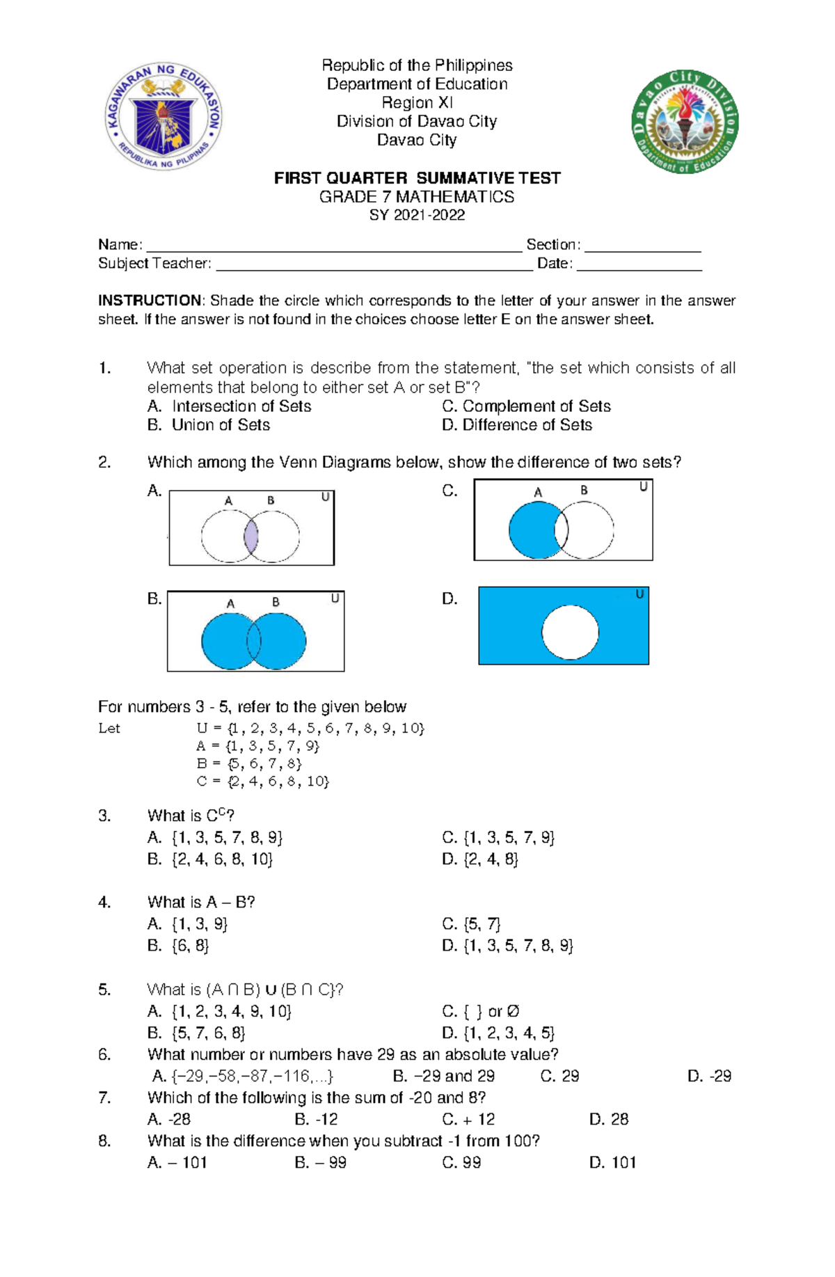 Final Grade 7 Summative Test (Q1) in Mathematics - Studocu