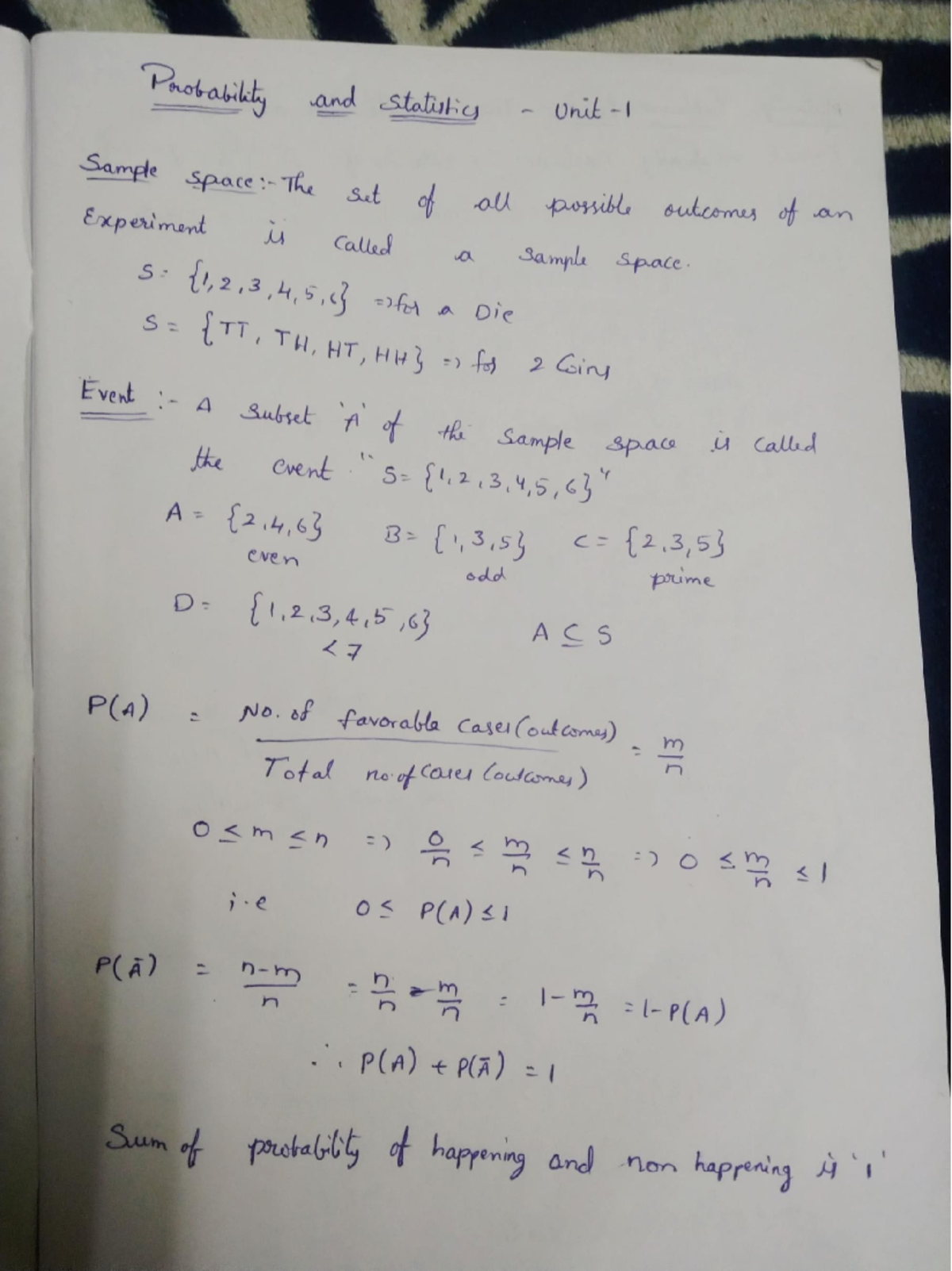 MTH302 unit 1 - Probability and Statistics Sample space The Set of all possible outcomes of an ...