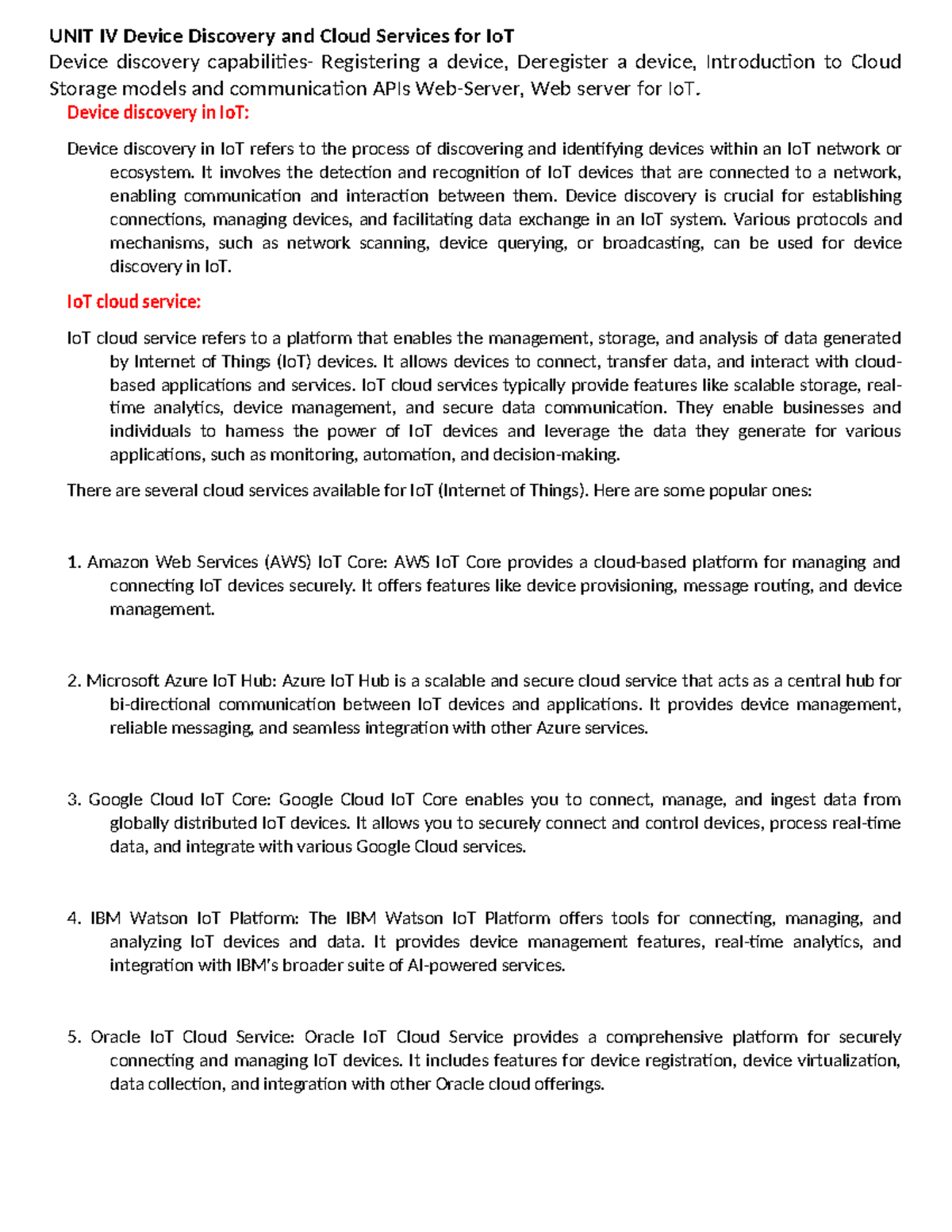 IoT UNIT-4: Device Discovery & Cloud Services Overview - Studocu