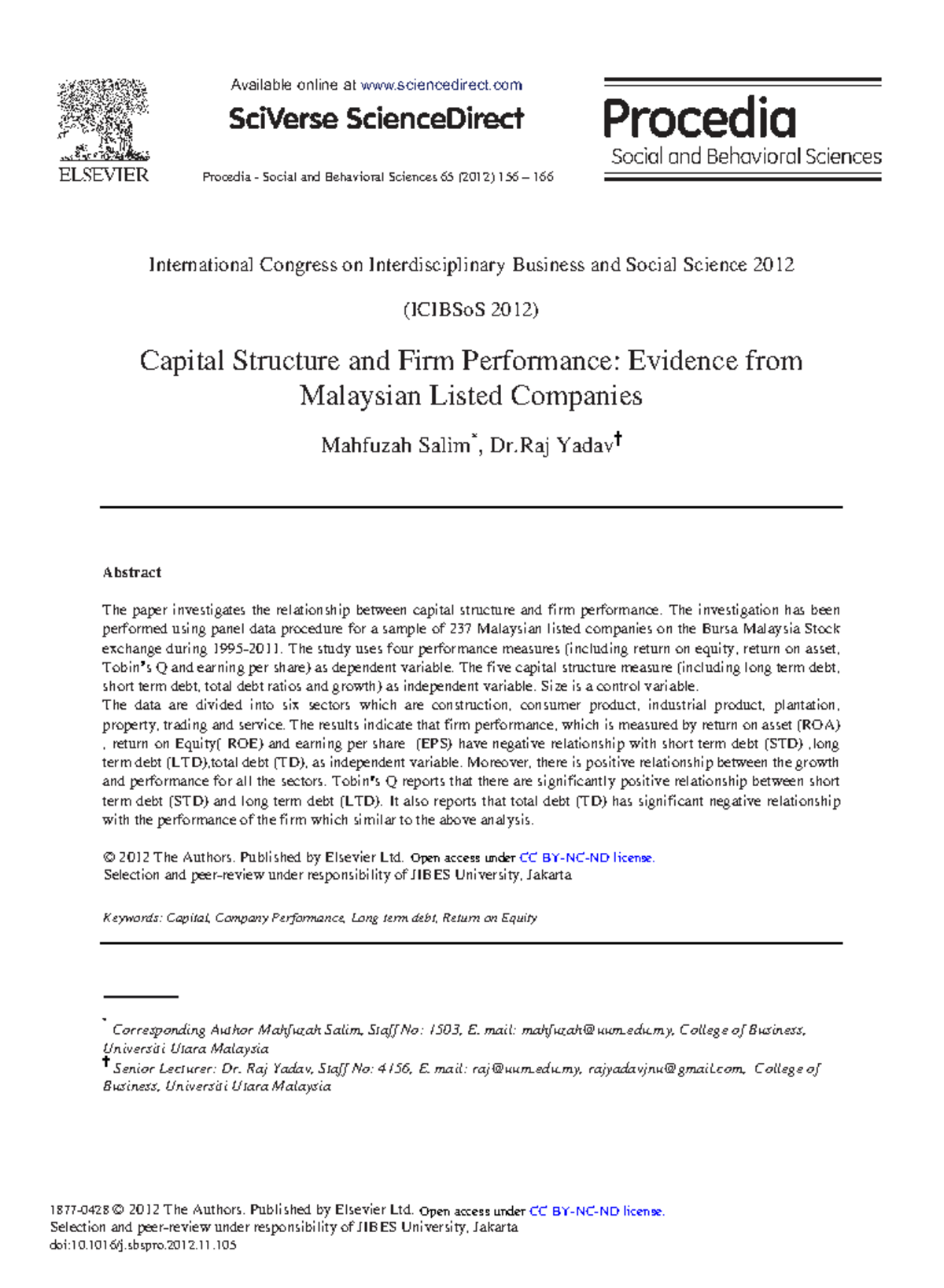 Capital Structure and Firm Performance: Evidence from Malaysia (ICIBSoS ...