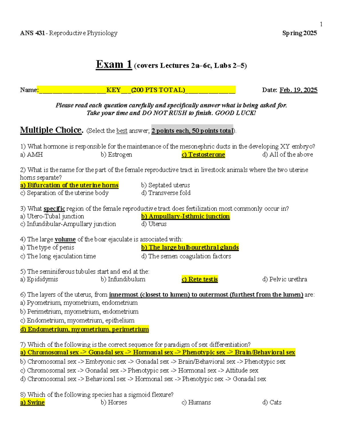 Reproductive Physiology Exam 1 Study Guide (ANS 431) - Spring 2025 ...