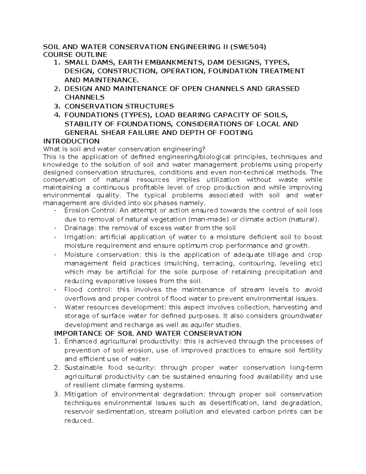 Soil and Water Conservation Engineering II (SWE504) Course Overview ...
