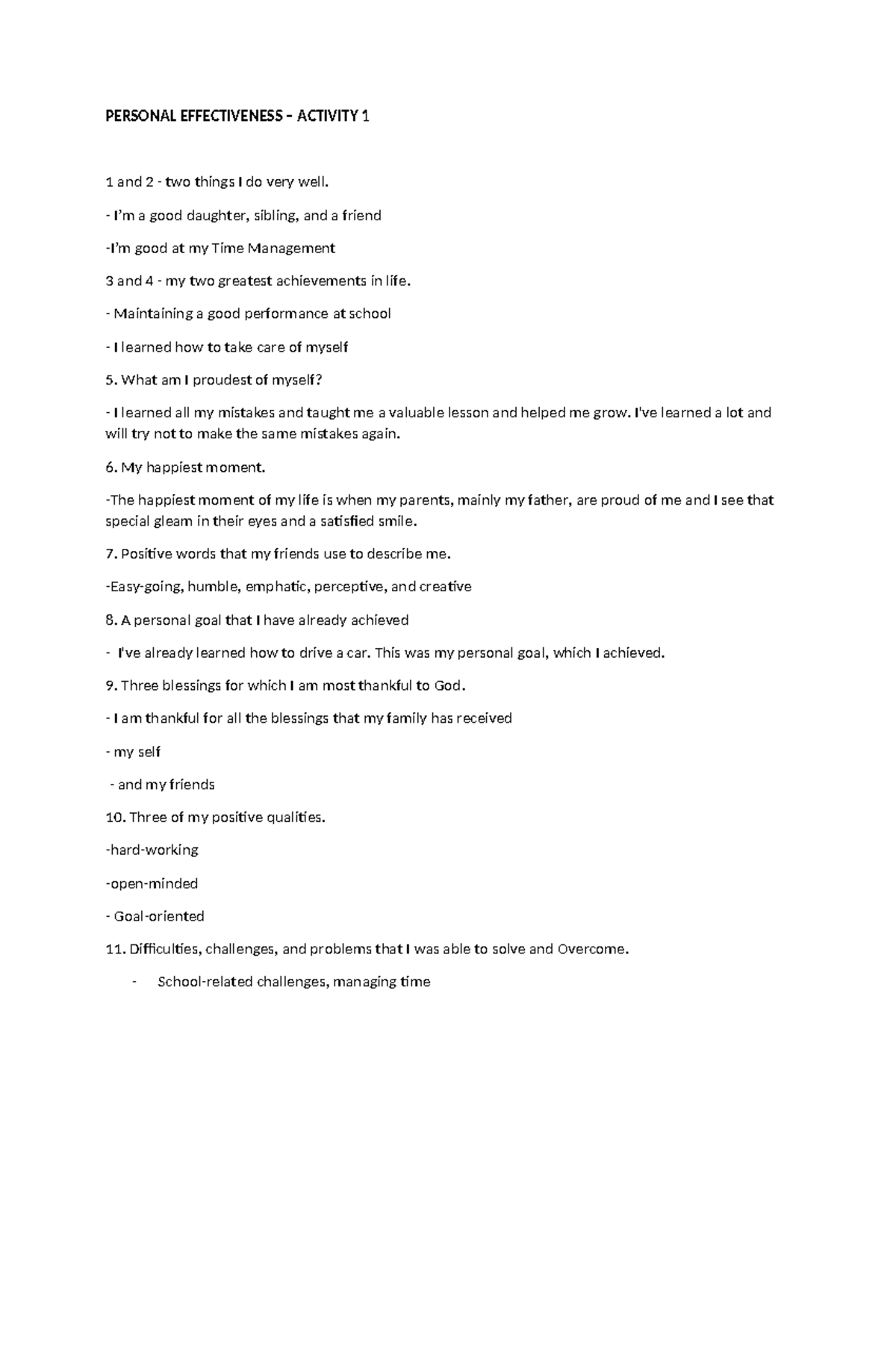Personal Effectiveness Reflections - Activity 1 & 2 Overview - Studocu