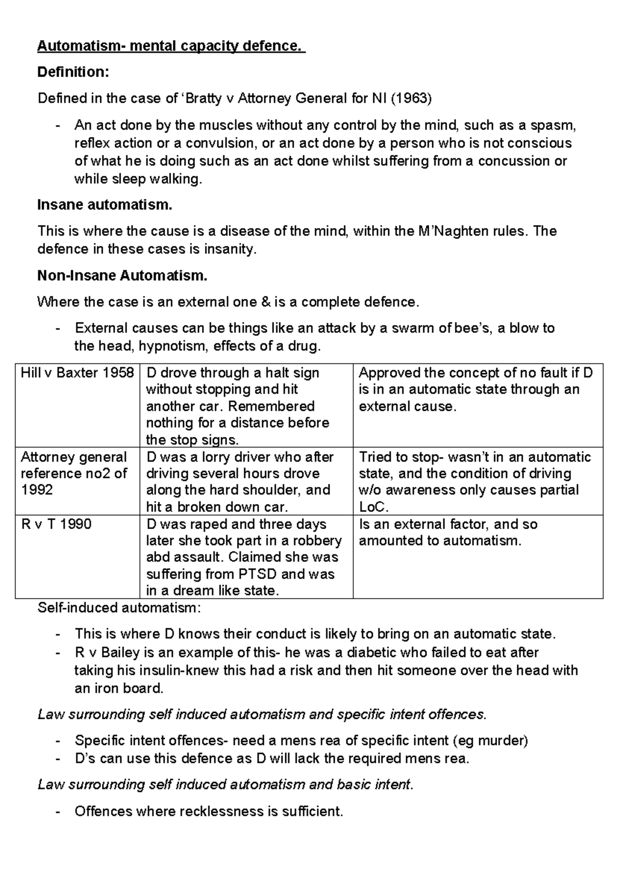 Automatism: Mental Capacity Defence Revision Notes (Law 101) - Studocu