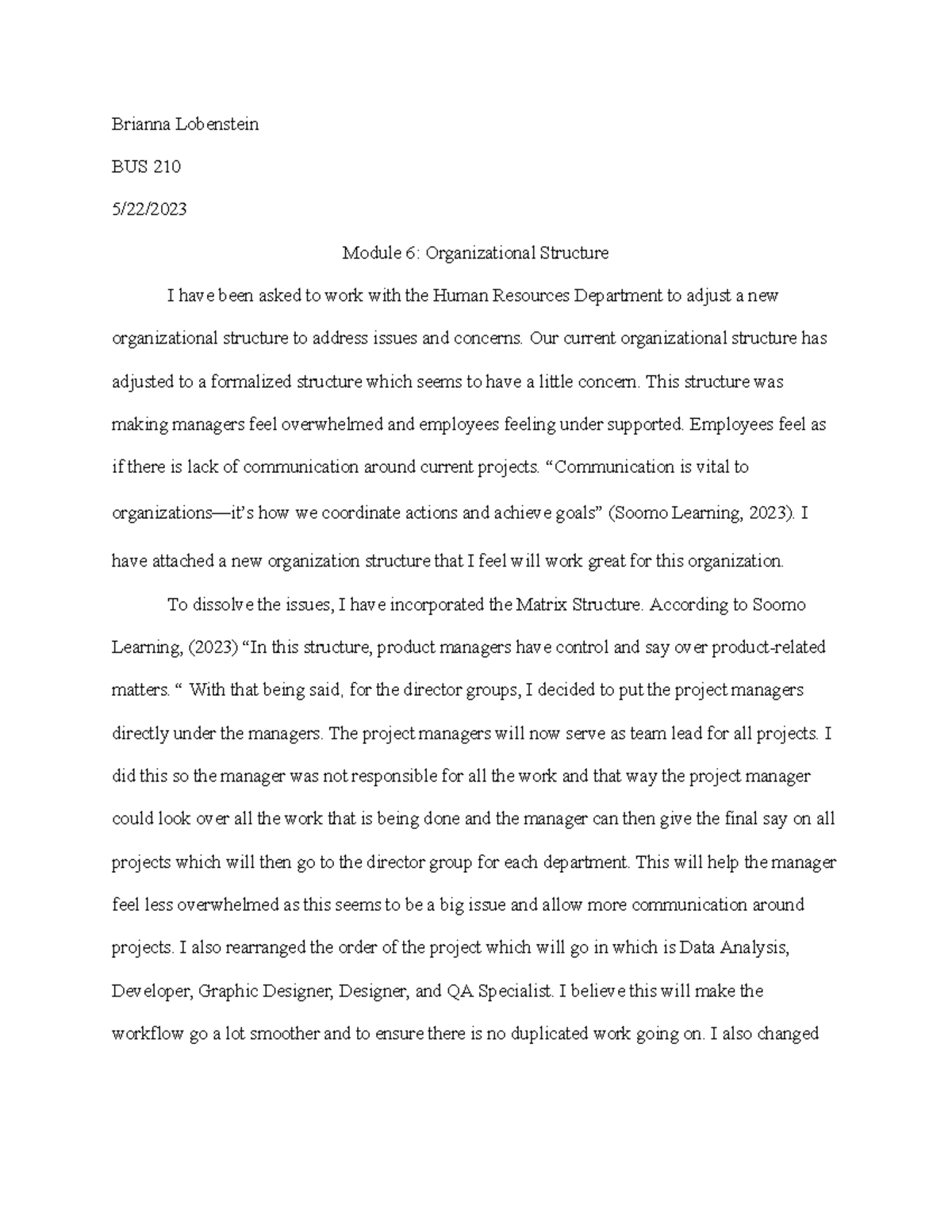 BUS 210 Module 6: Enhancing Organization Structure with Matrix Approach ...