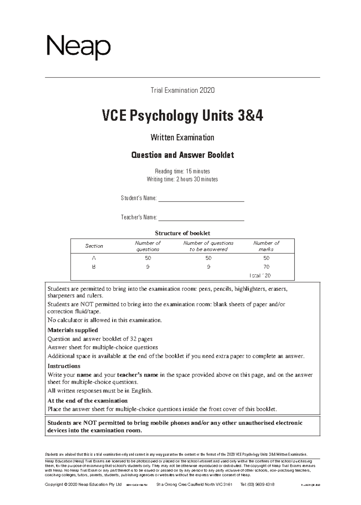 PsychU34 Trial Exam 2020: VCE Psychology Units Practice Questions - Studocu