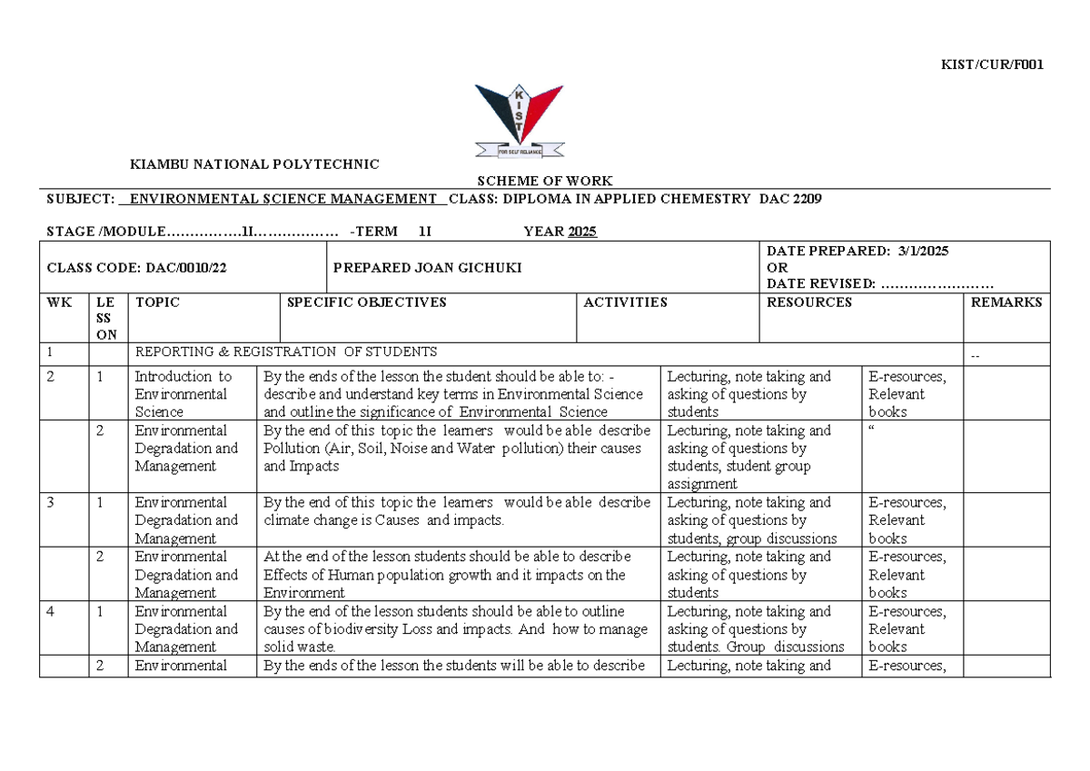 Schemes OF WORK DAB Ennviromental Science - KIST/CUR/F KIAMBU NATIONAL POLYTECHNIC SCHEME OF ...