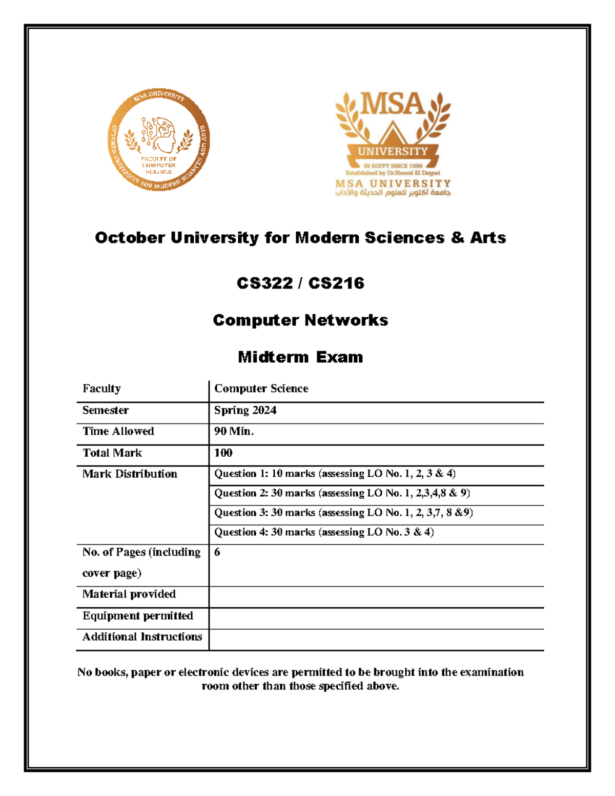 CS322 Computer Networks Midterm Exam Spring 2024 - 90 Min - Studocu