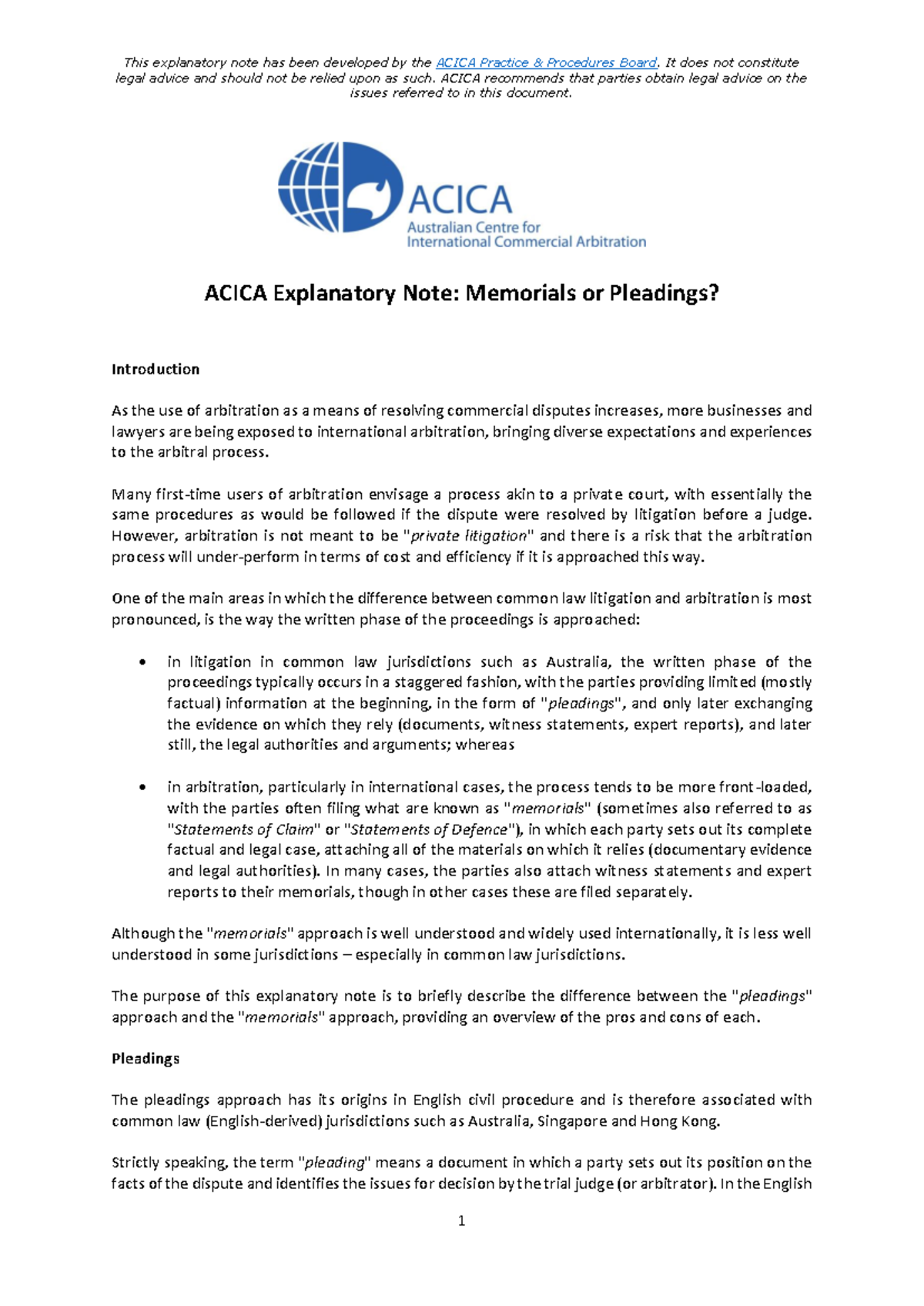 ACICA Explanatory Note: Understanding Memorials vs. Pleadings - Studeersnel