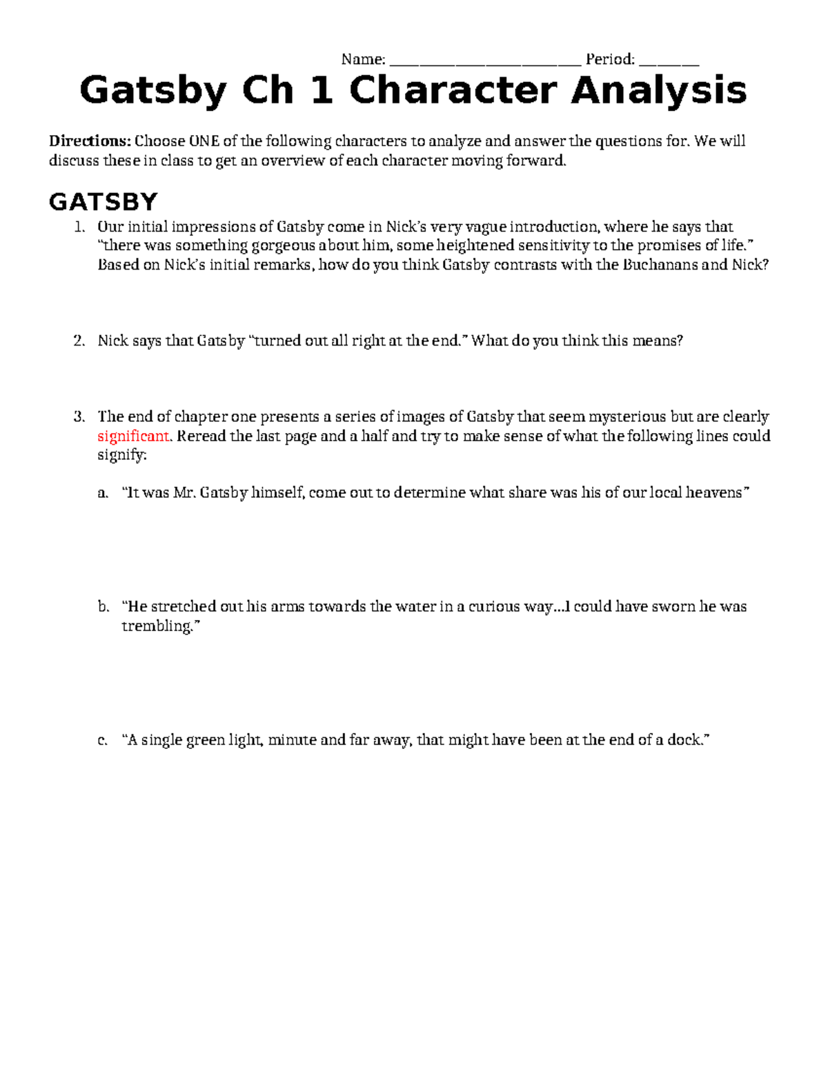 GATS 1: Chapter 1 Character Analysis of Gatsby, Daisy, Nick, and Jordan ...