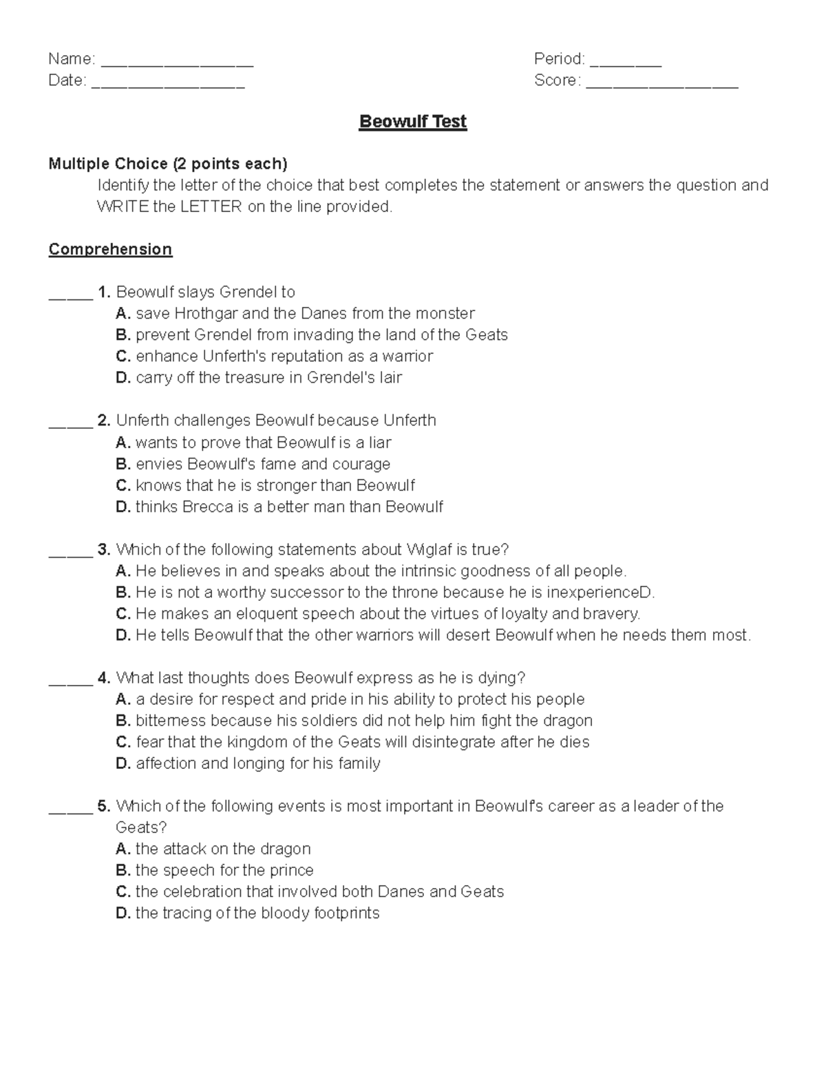 Beowulf Test - Fall 2025: Comprehension & Epic Hero Insights - Studocu