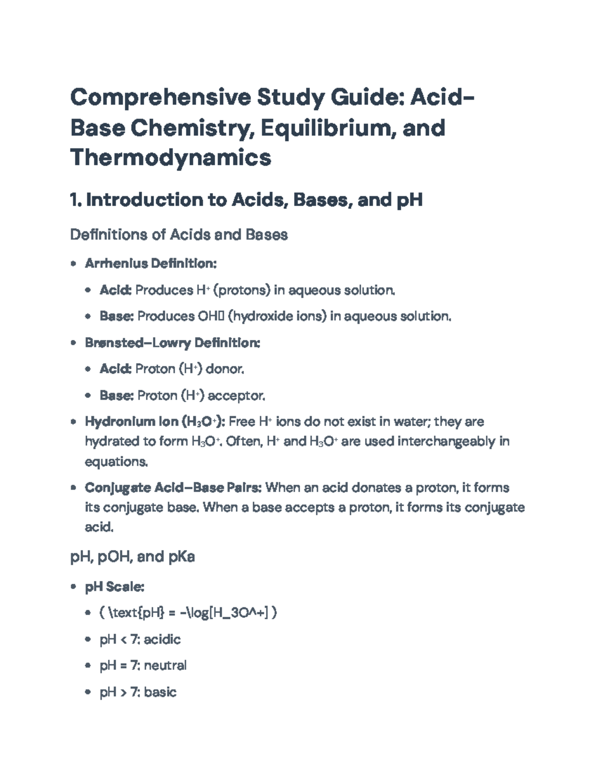 Comprehensive Study Guide: Acids, Bases, Equilibrium, and Thermo ...