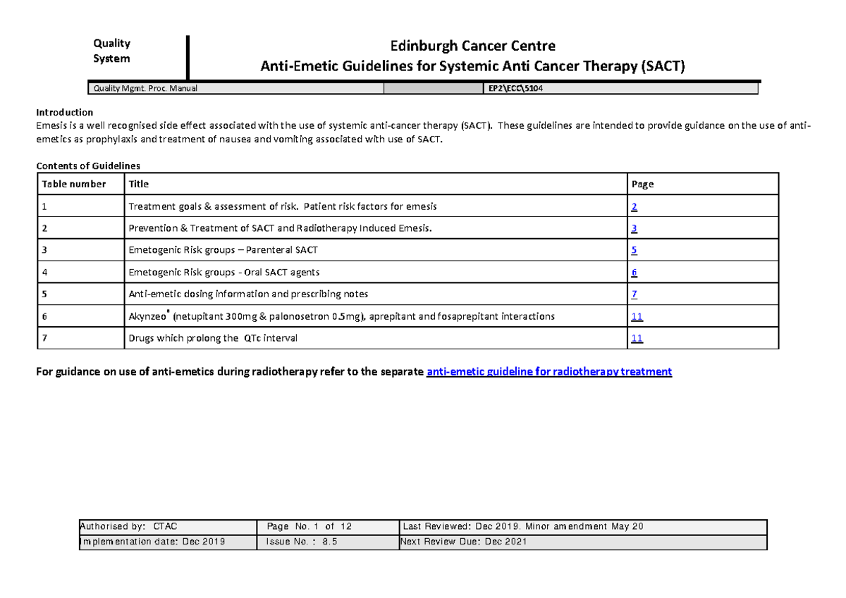 Anti-Emetic Guidelines for SACT: Management of Nausea in Cancer Therapy ...