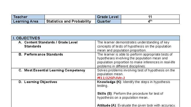 2025 Demo Lesson Plan: Hypothesis Testing on Population Mean - Studocu