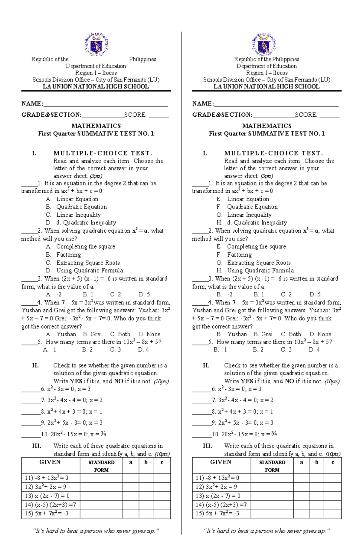 Summative/Worksheet - Republic of the Philippines Department of ...