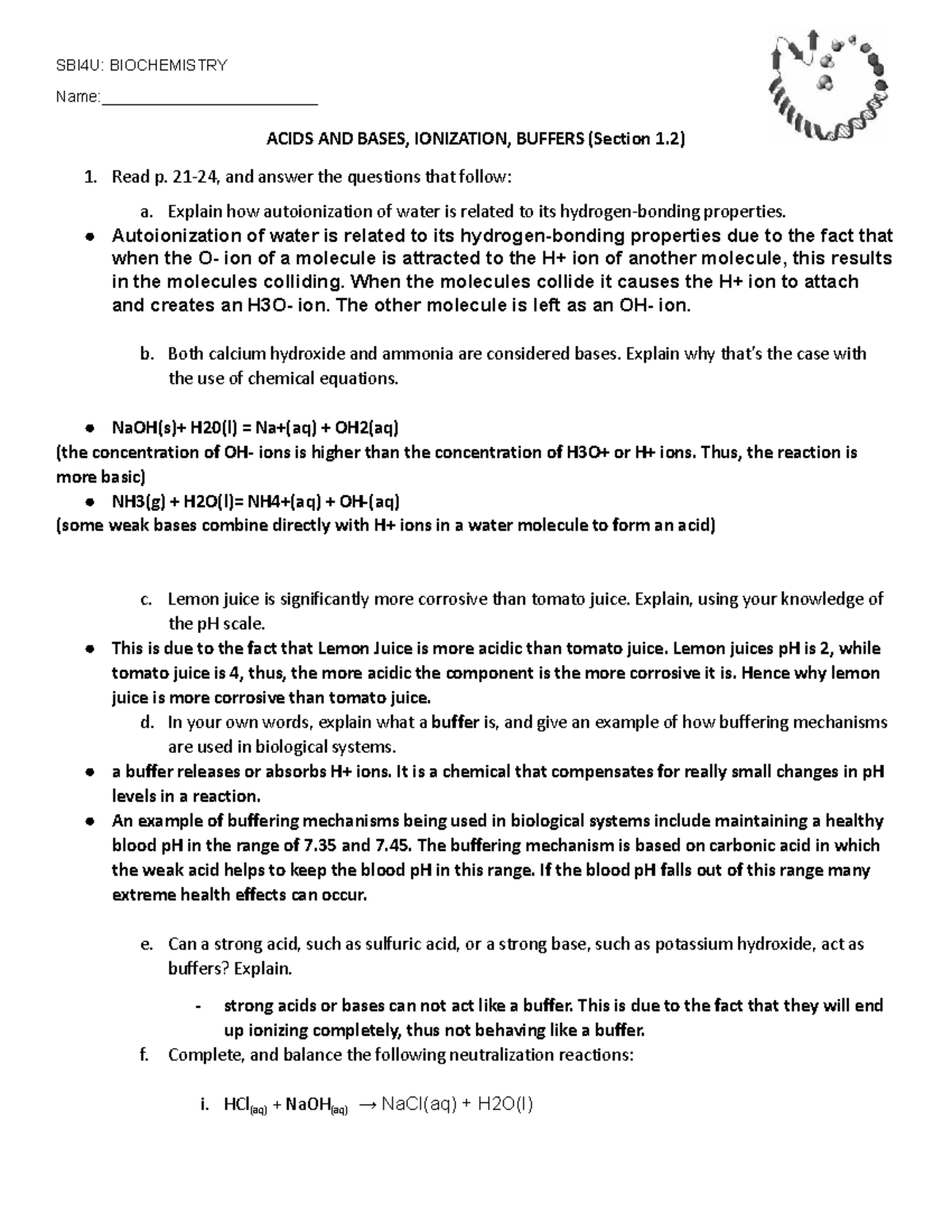 SBI4U: Biochemistry Acids, Bases, Ionization & Buffers Notes - Studocu