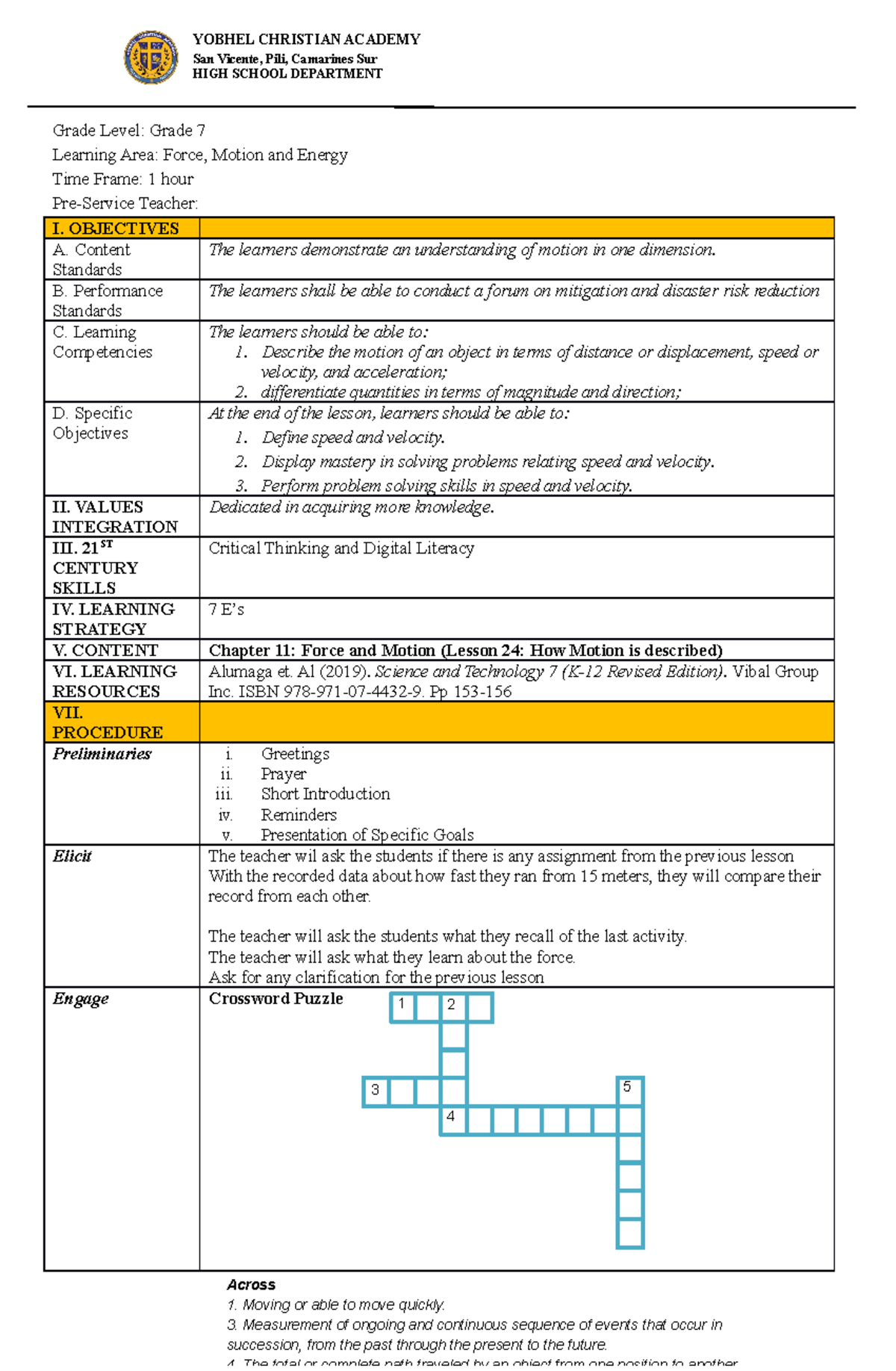 Motion, Speed and Velocity - YOBHEL CHRISTIAN ACADEMY San Vicente, Pili ...