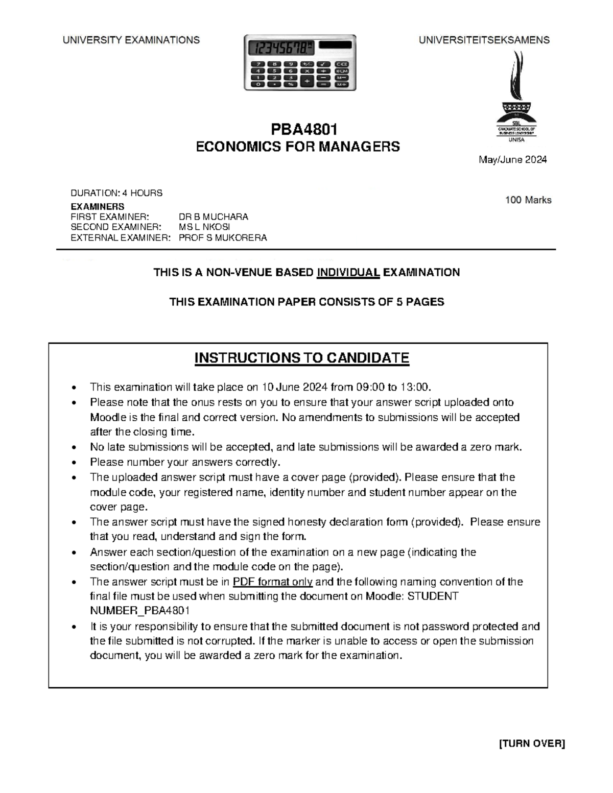 PBA4801 ECONOMICS FOR MANAGERS MAY-JUNE 2024 EXAMINATION PAPER - Studocu