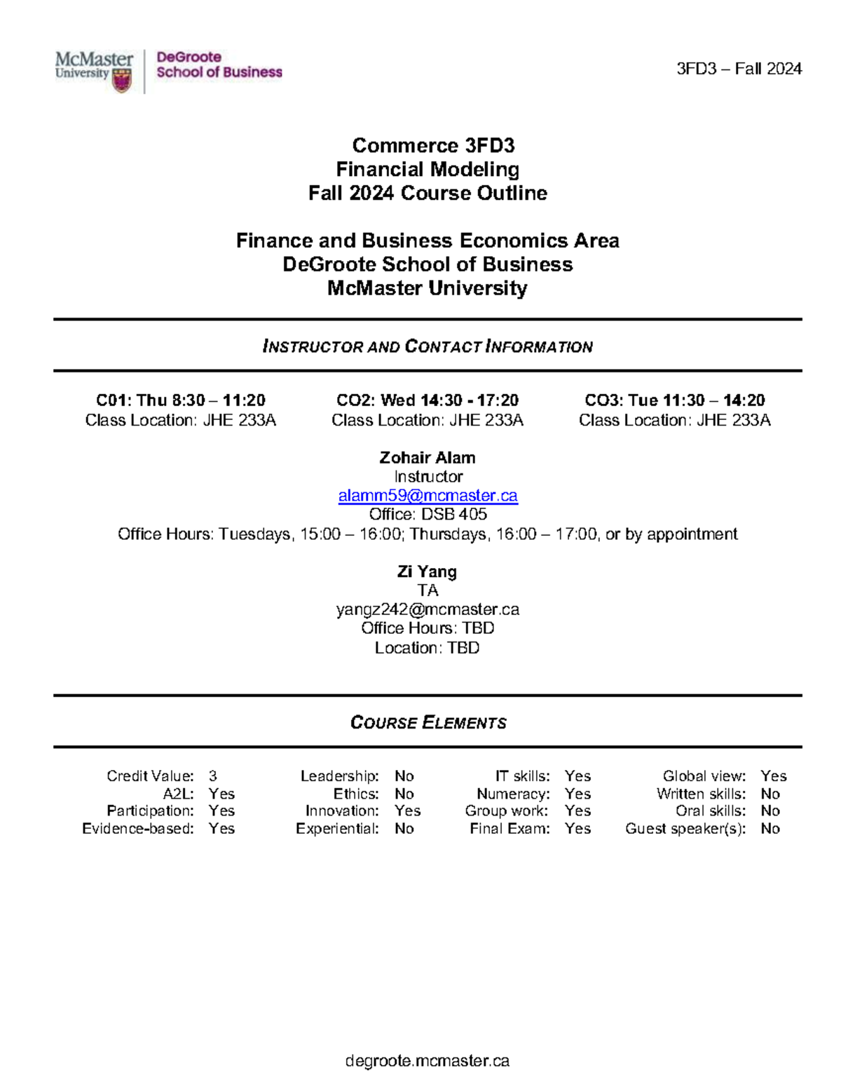 3FD3 Fall 2024 Financial Modeling Course Outline and Schedule - Studocu