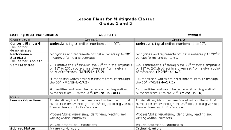 Lesson Plans for Multigrade Classes (Grades 1 & 2) - Math - Studocu