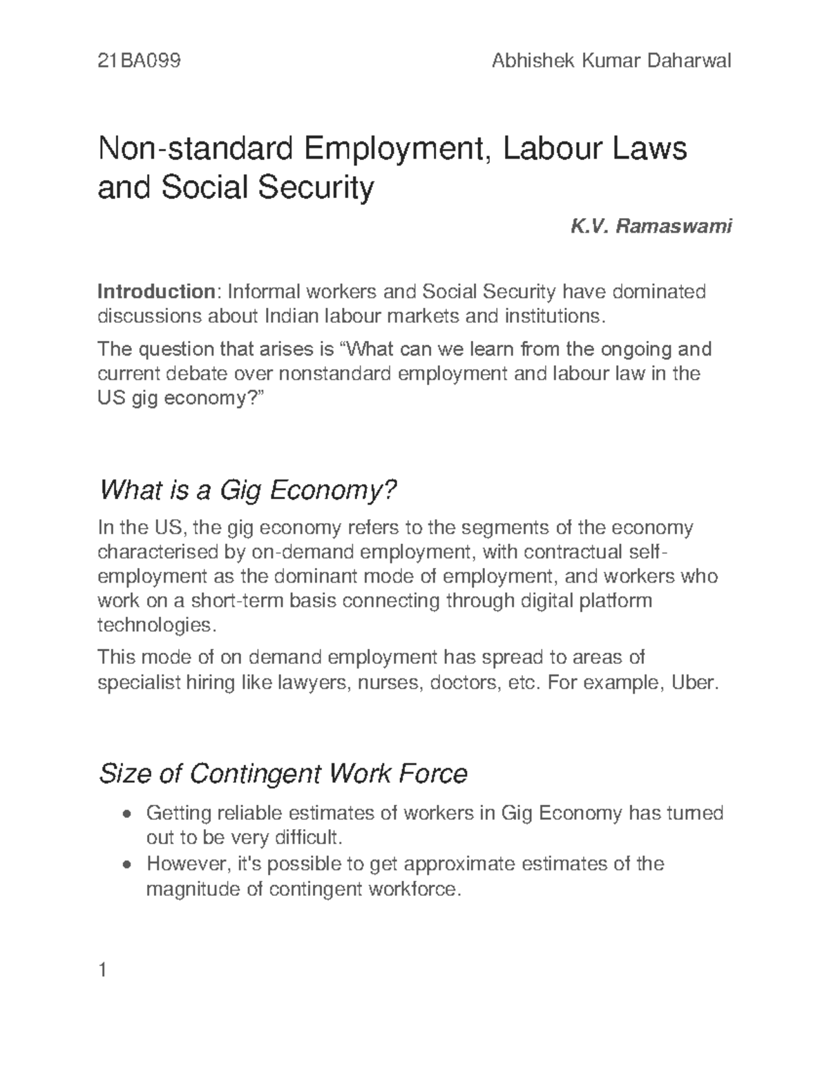 KV Ramaswami: Non-standard Employment & Labour Laws in the Gig Economy ...