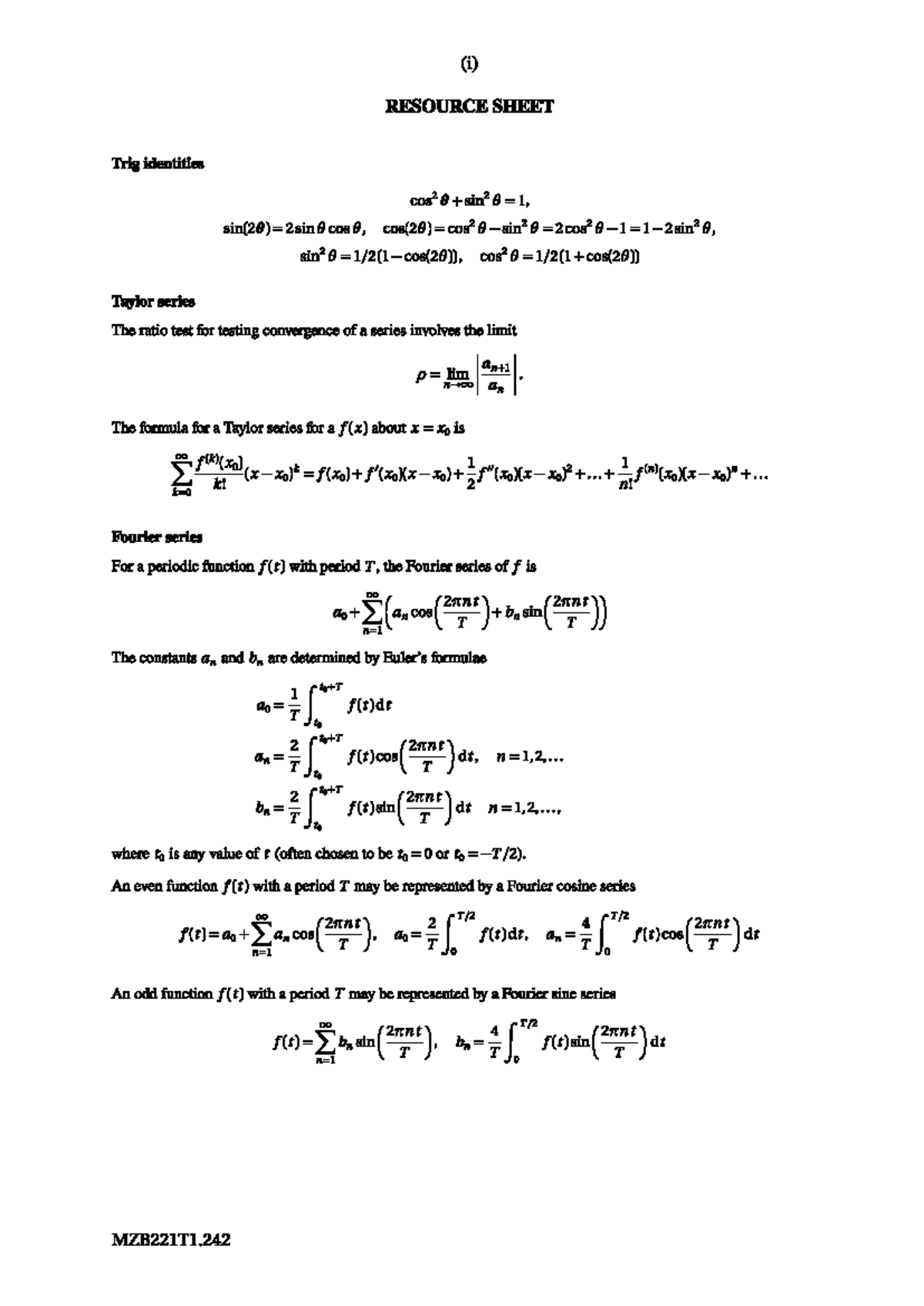 MZB221 Resource Sheet: Trig Identities, Taylor & Fourier Series - Studocu
