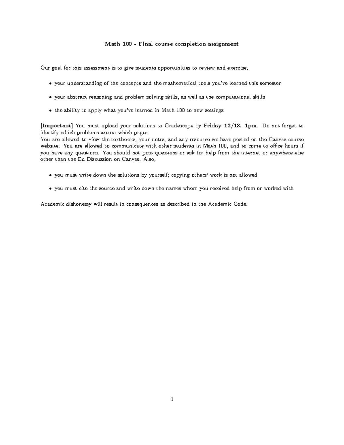 Math 100 Final Course Completion Assignment Overview - Studocu