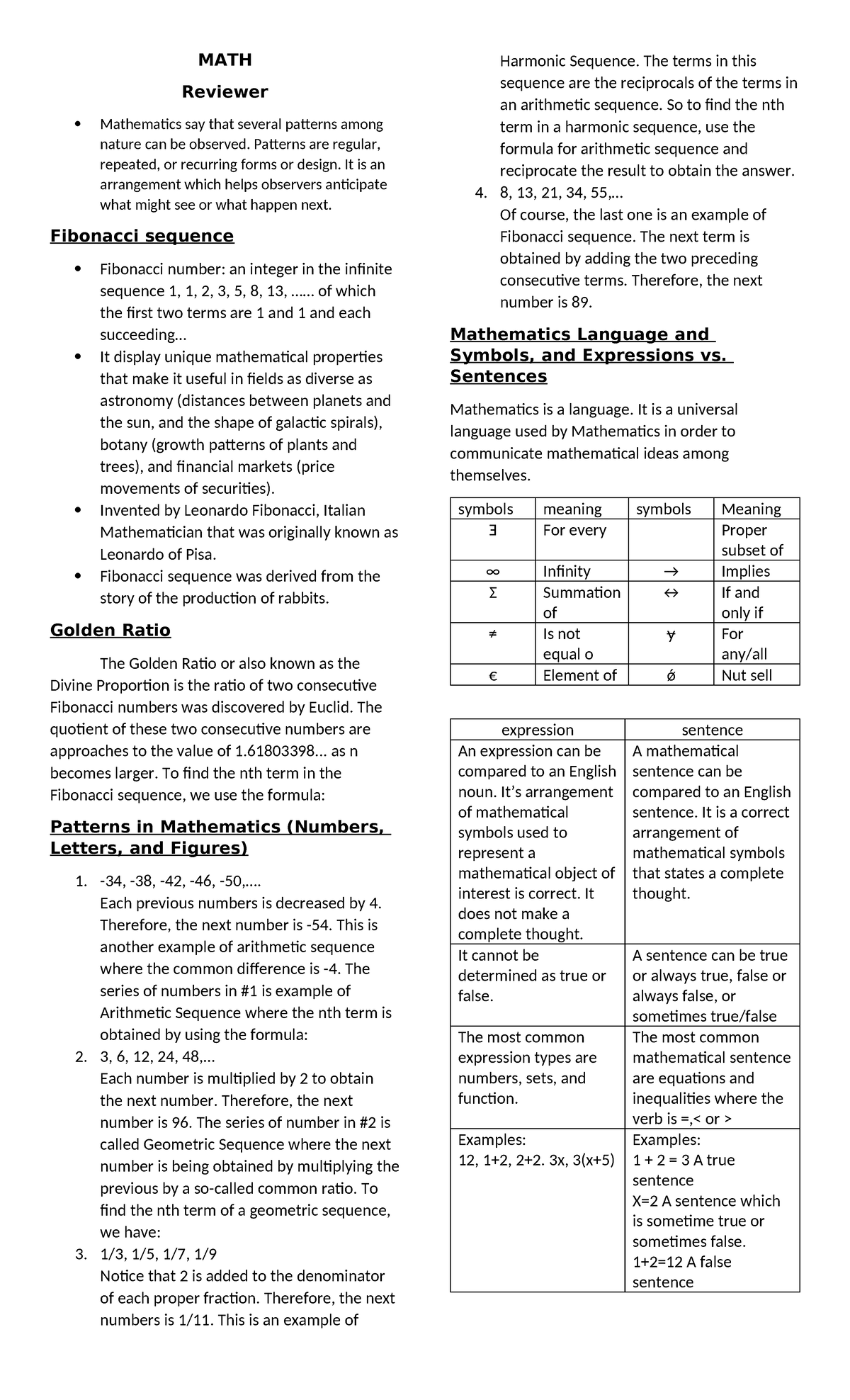MATH 101 - Patterns in Mathematics: Fibonacci & Sequences Reviewer - Studocu