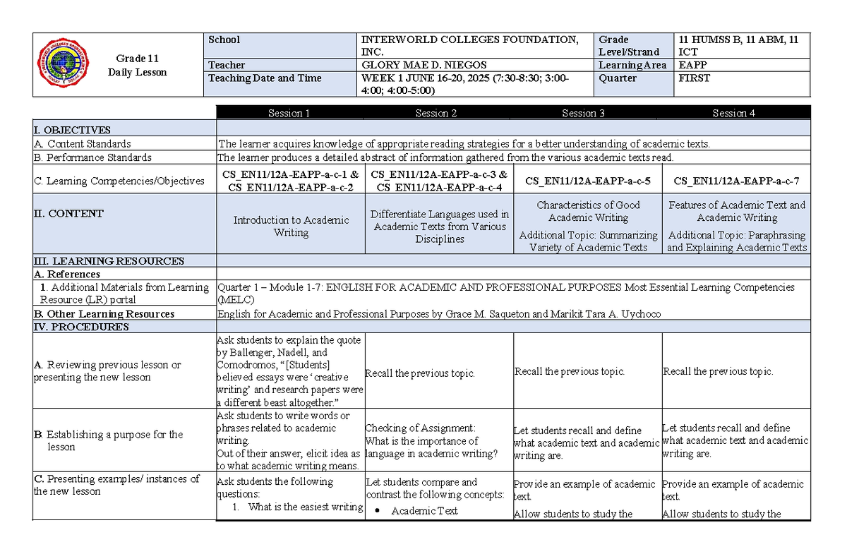 WEEK 1 Daily Lesson Log for EAPP - Grade 11 (HUMSS, ABM, ICT) - Studocu
