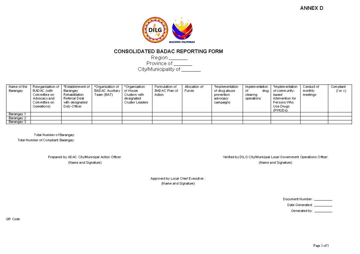 Annex D - BADAC Reporting Form for Drug Abuse Prevention - Studocu