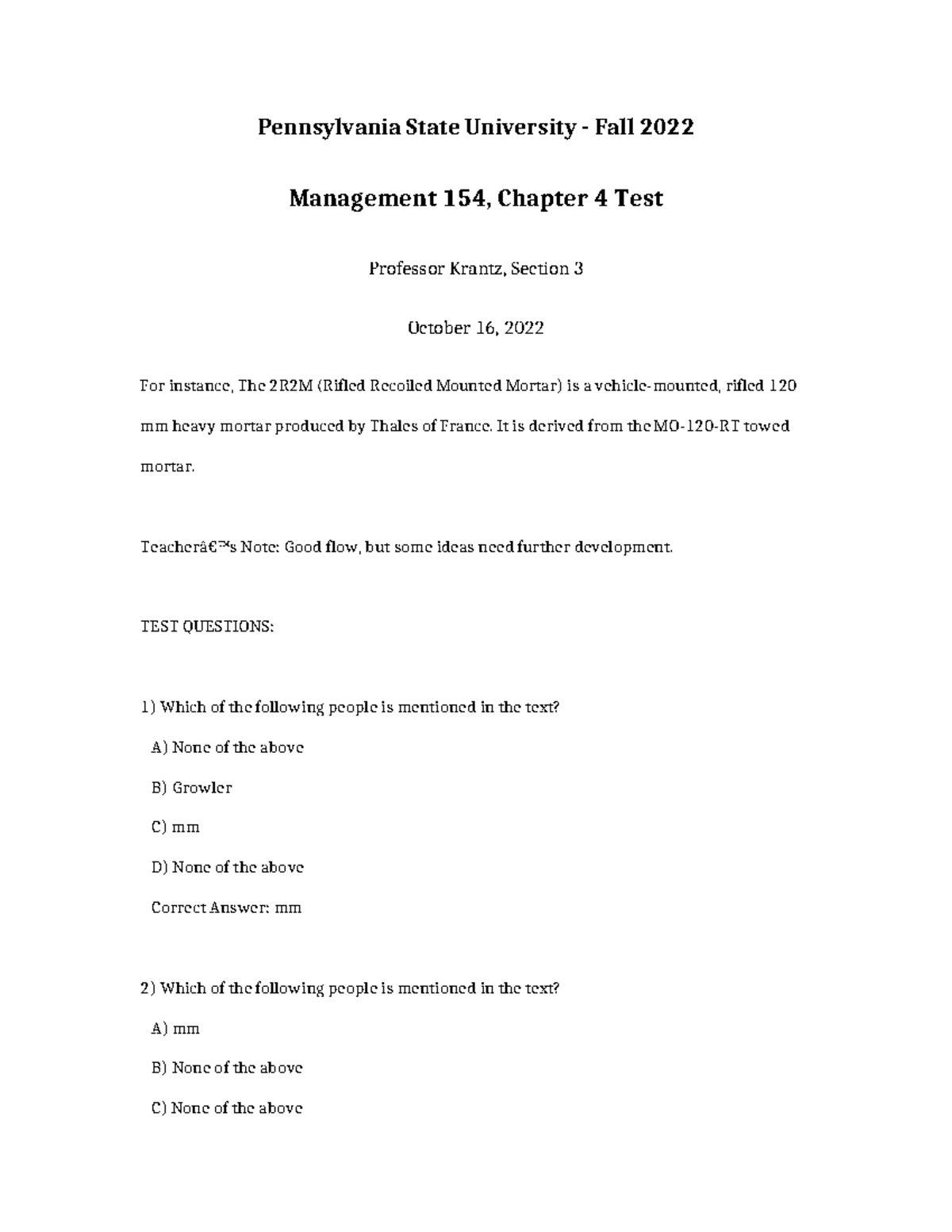 Management 154 - Chapter 4 Test Questions & Insights - Studocu