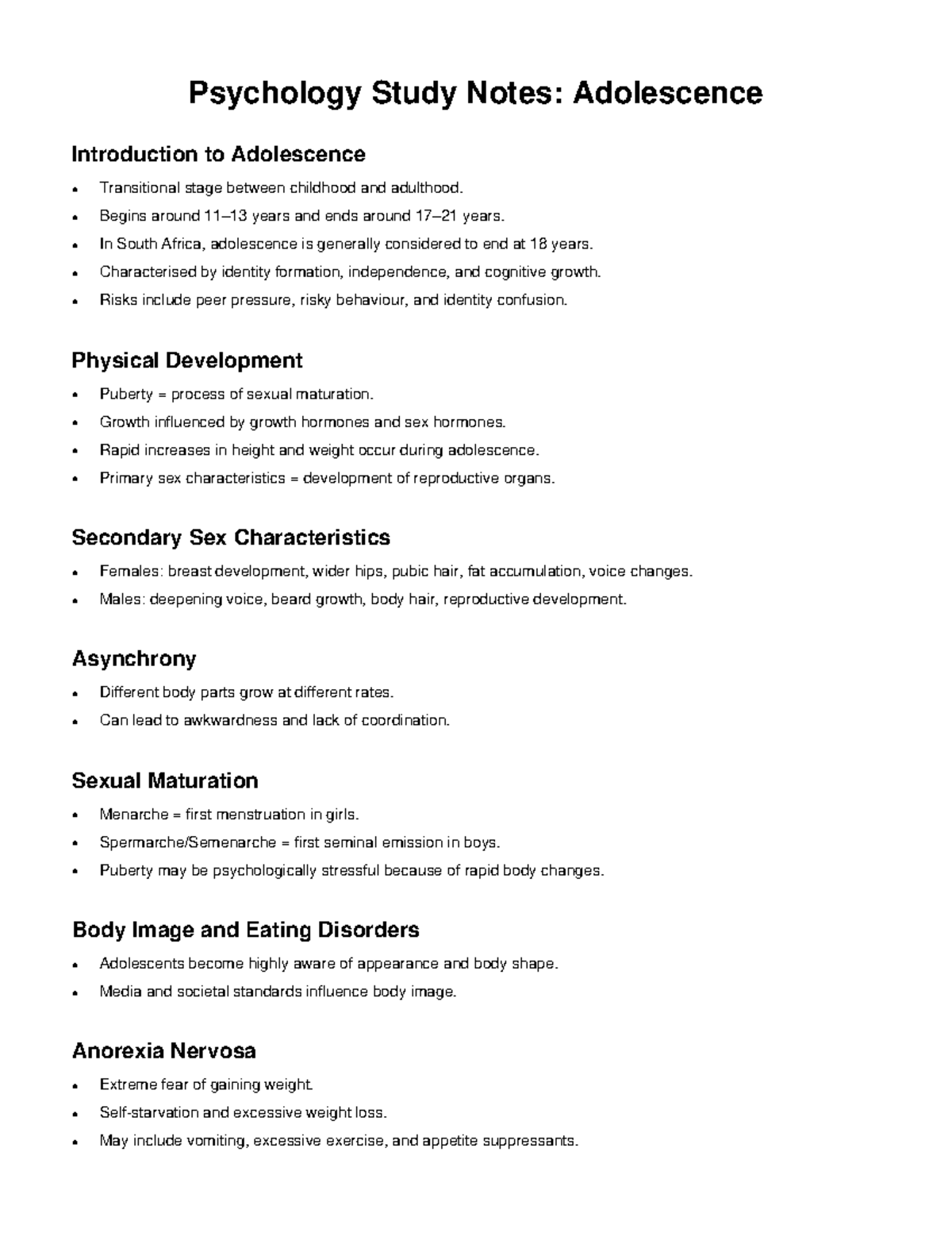 Psychology Study Notes: Adolescence Overview and Key Concepts - Studocu
