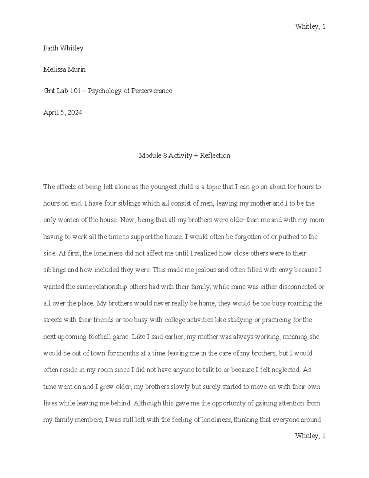 Grit Lab 101 - Module 8 Activity & Reflection on Loneliness - Studocu