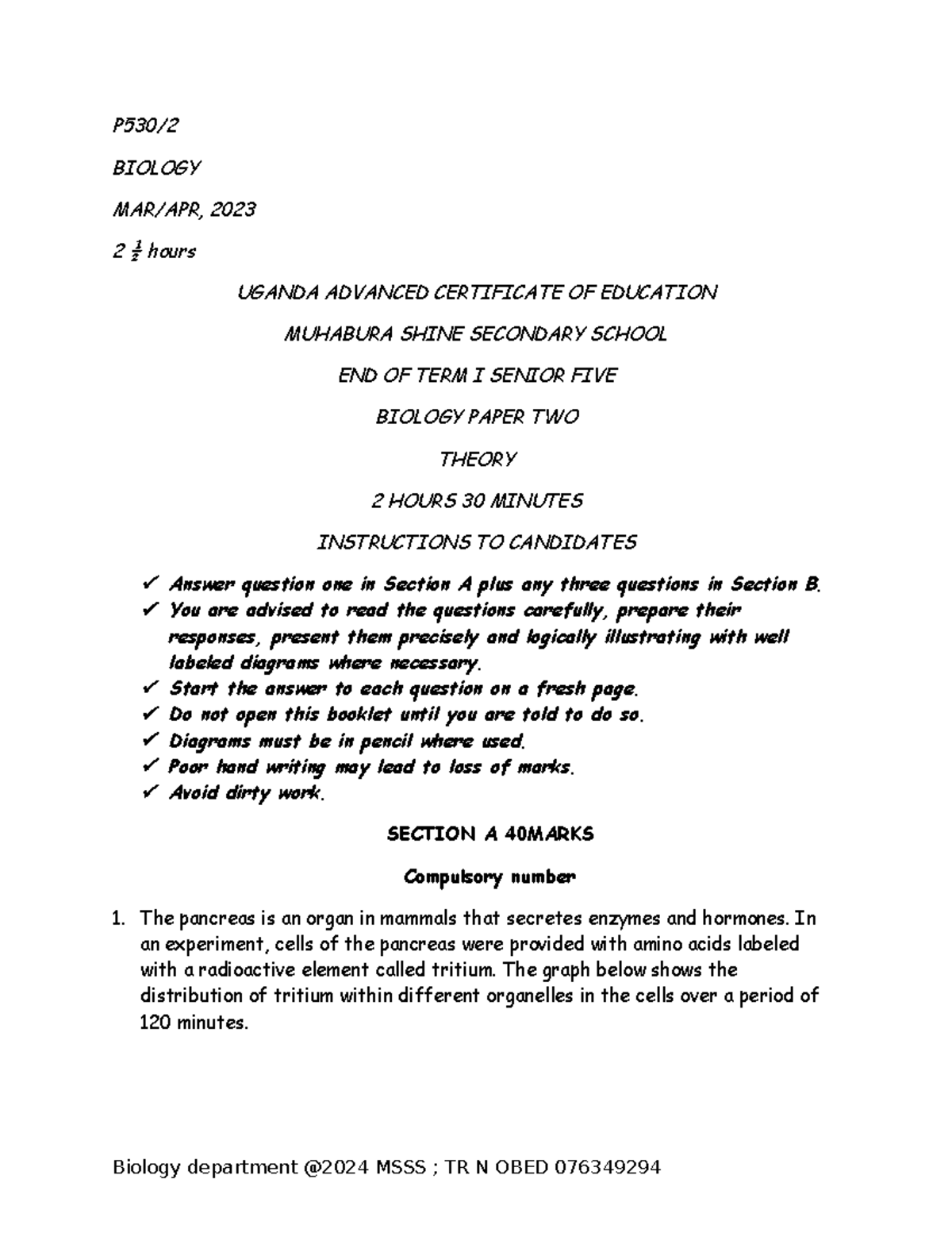 S.5 BIOLOGY END OF TERM I 2024 PAPER TWO (PP2) - Studocu