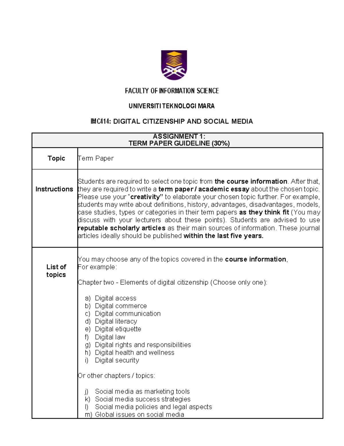IMC414: Digital Citizenship & Social Media Term Paper Guidelines 2025 ...