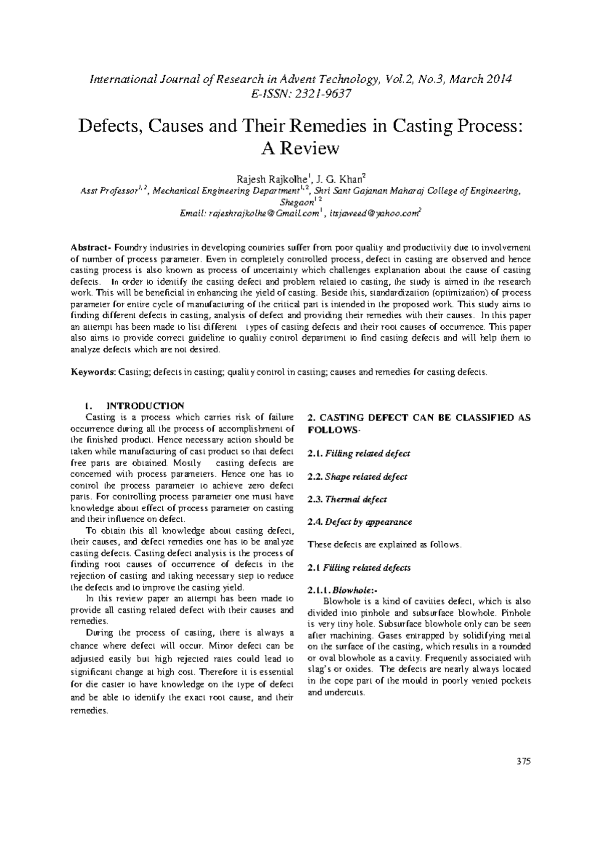 Casting Defects: Causes and Remedies - EGA 182 Lecture Notes - Studocu