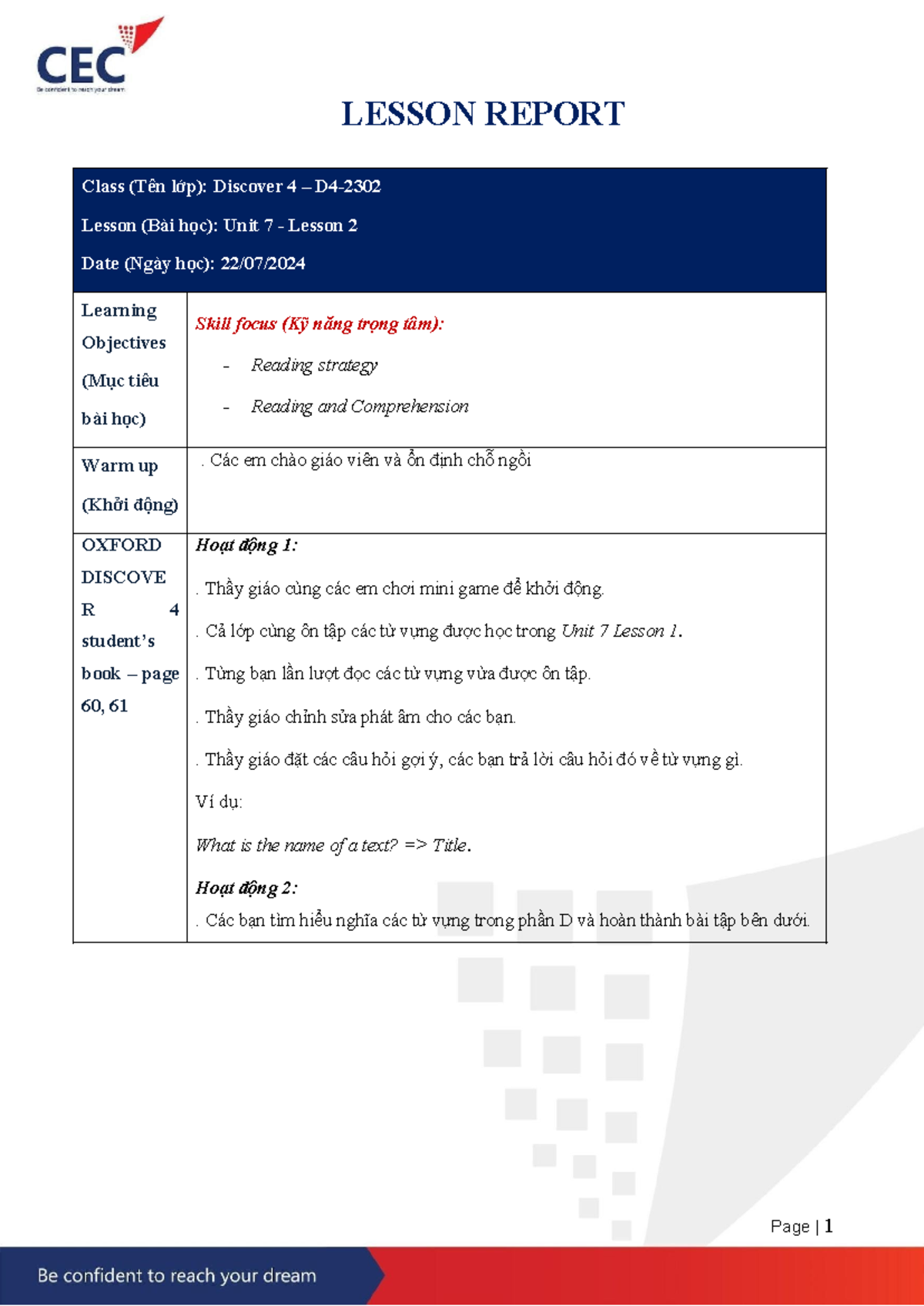Lesson Report: Discover 4 D4-2401 Unit 7, Lesson 2 (22/07/2024) - Studocu
