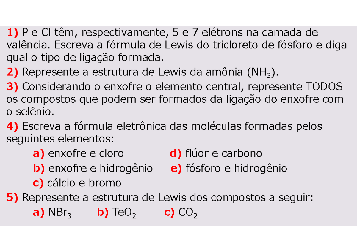 Exercícios de Estruturas de Lewis e Ligações Químicas - 1ª Série - Studocu