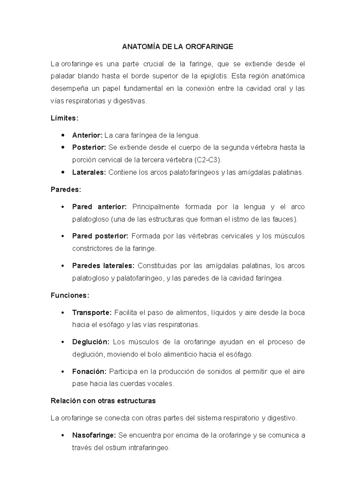 Anatomía de la Orofarínge: Funciones y Estructuras Clave - Studocu