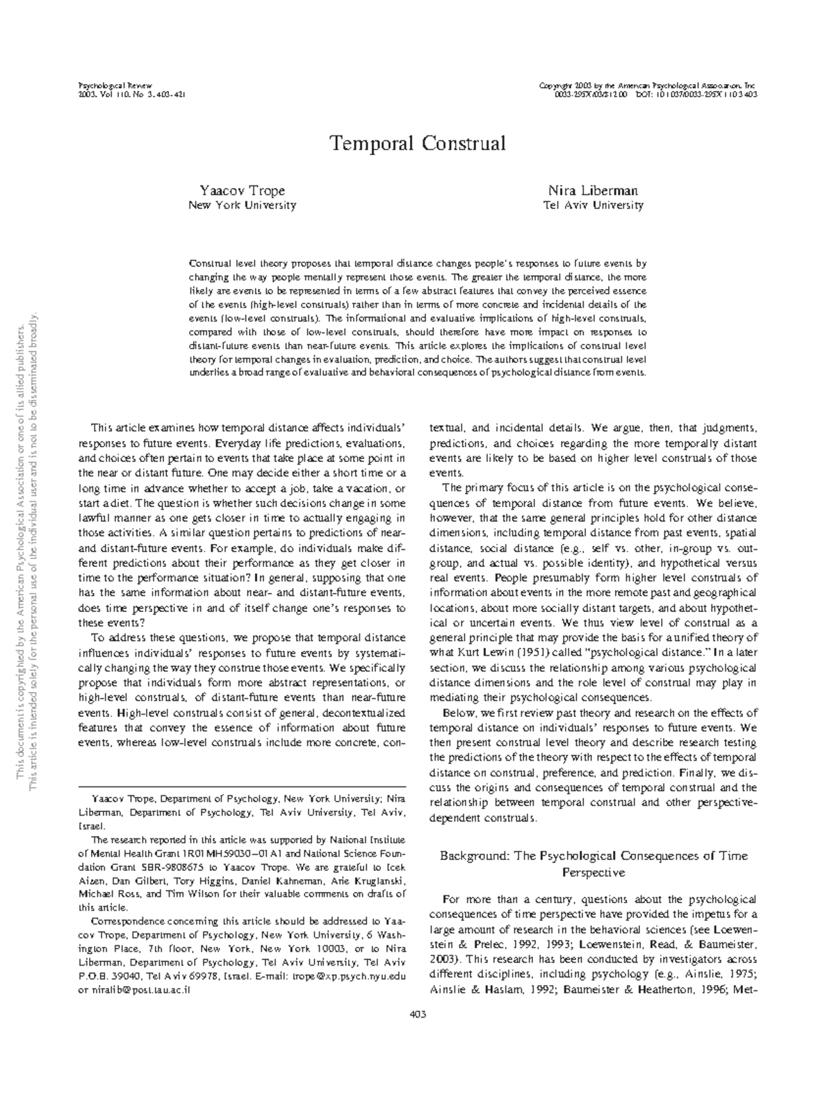 2003-05781-002 - reading - Temporal Construal Yaacov Trope New York ...