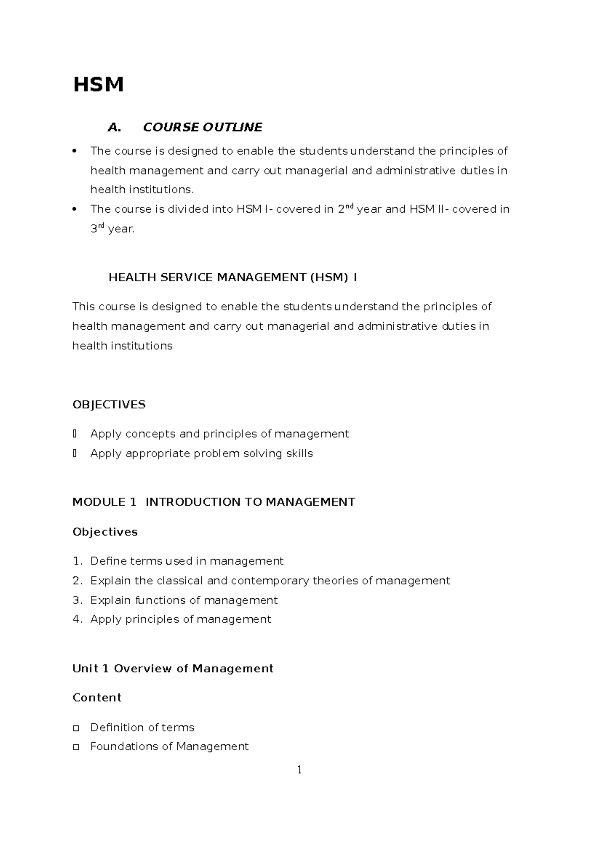 HSM I Lecture Notes: Principles of Health Service Management - Studocu