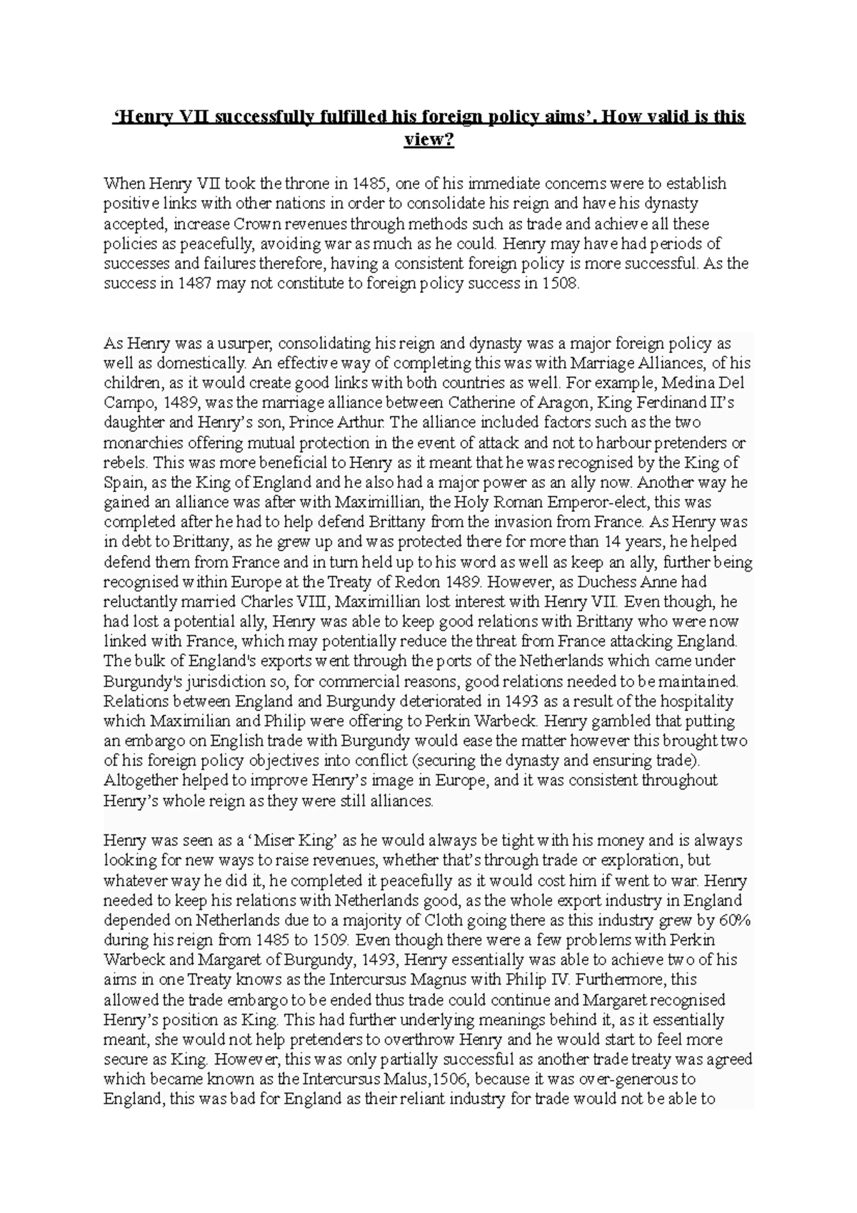 Tudors History: Henry VII's Reforms in Government and Success - Studocu