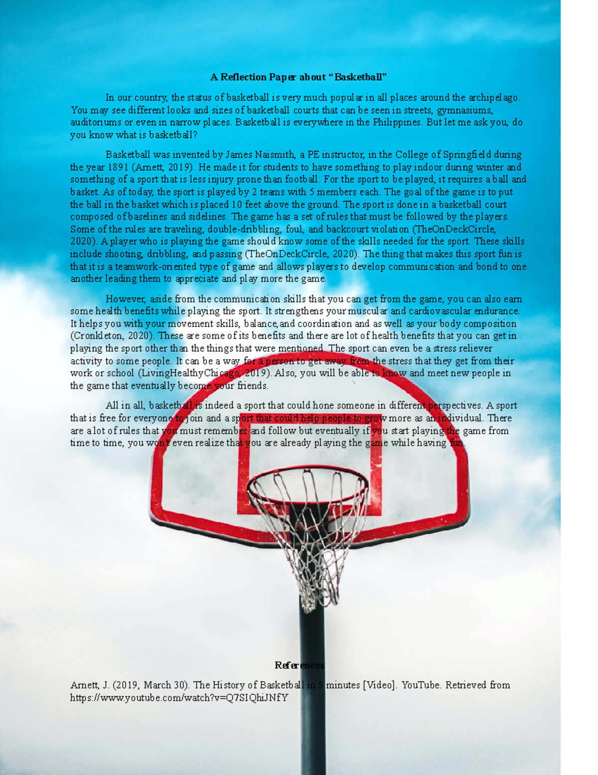 Reflection Paper on Basketball: Insights and Benefits - Studocu