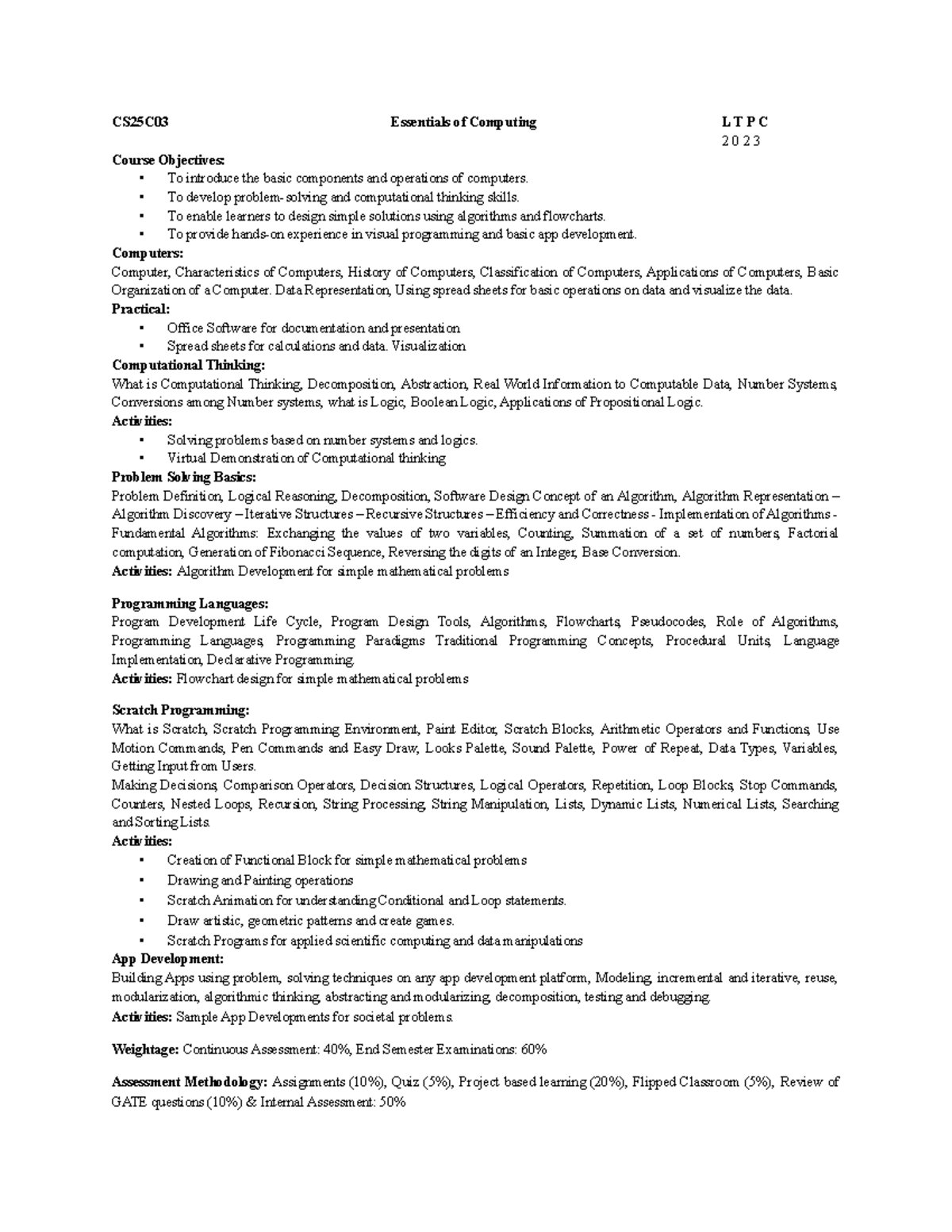 CS25C03 Essentials of Computing Syllabus Overview 2023 - Studocu