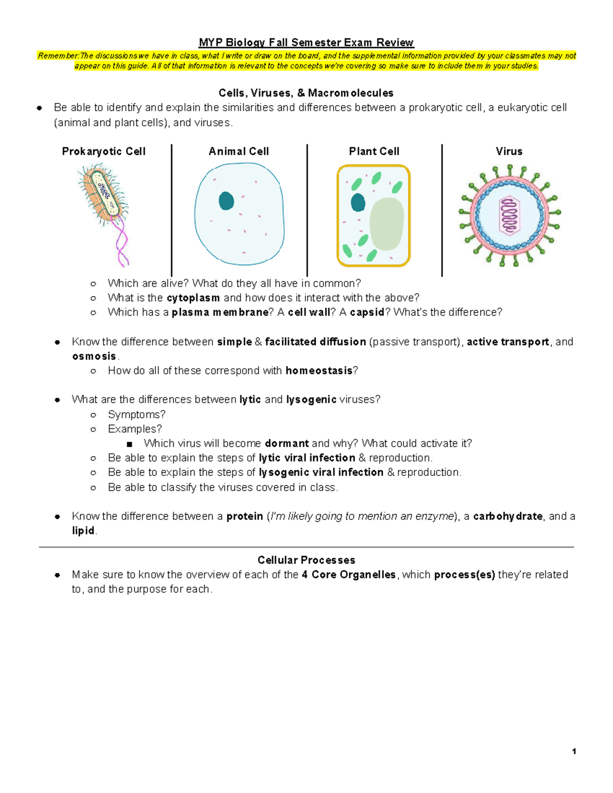 MYP Biology Fall Semester Exam Review Guide - 2024 - Remember:The ...