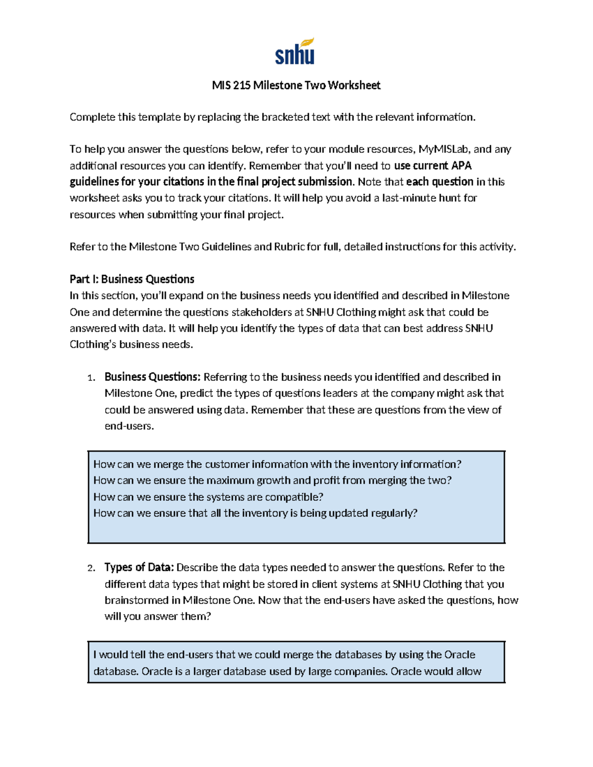 MIS 215 Milestone Two Worksheet: Addressing Business Needs with Data - Studocu