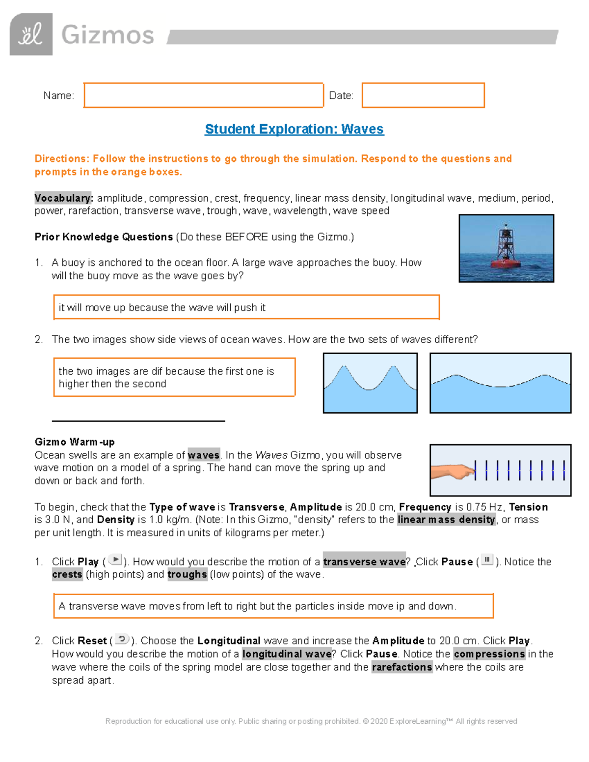 Waves SE (Student Exploration) - Answer Key for Gizmo Simulation - Studocu